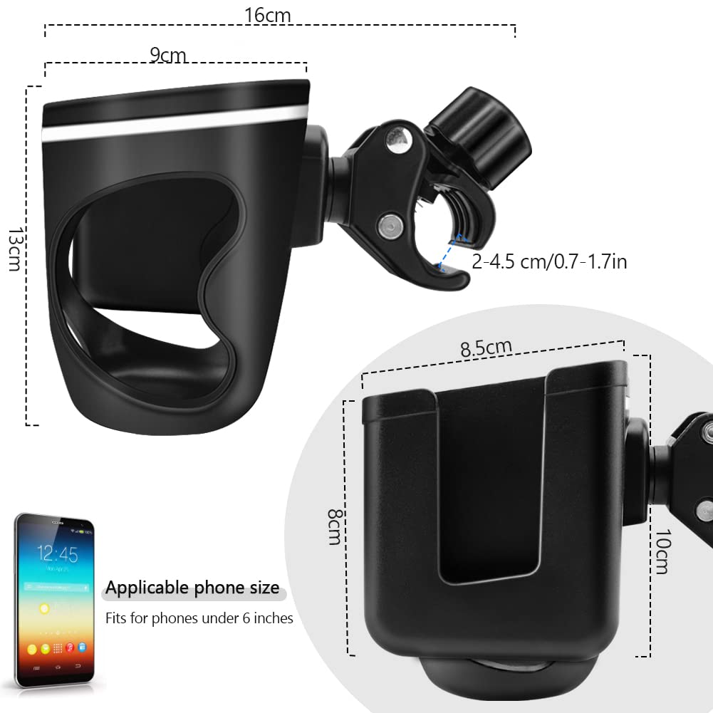 welltop Stroller Cup Holder with Phone Holder, 2 in 1 Bike Cup Holder, Universal Bottle Holder Organizer for Stroller, Bike, Wheelchair, Walker, Scooter (Black)