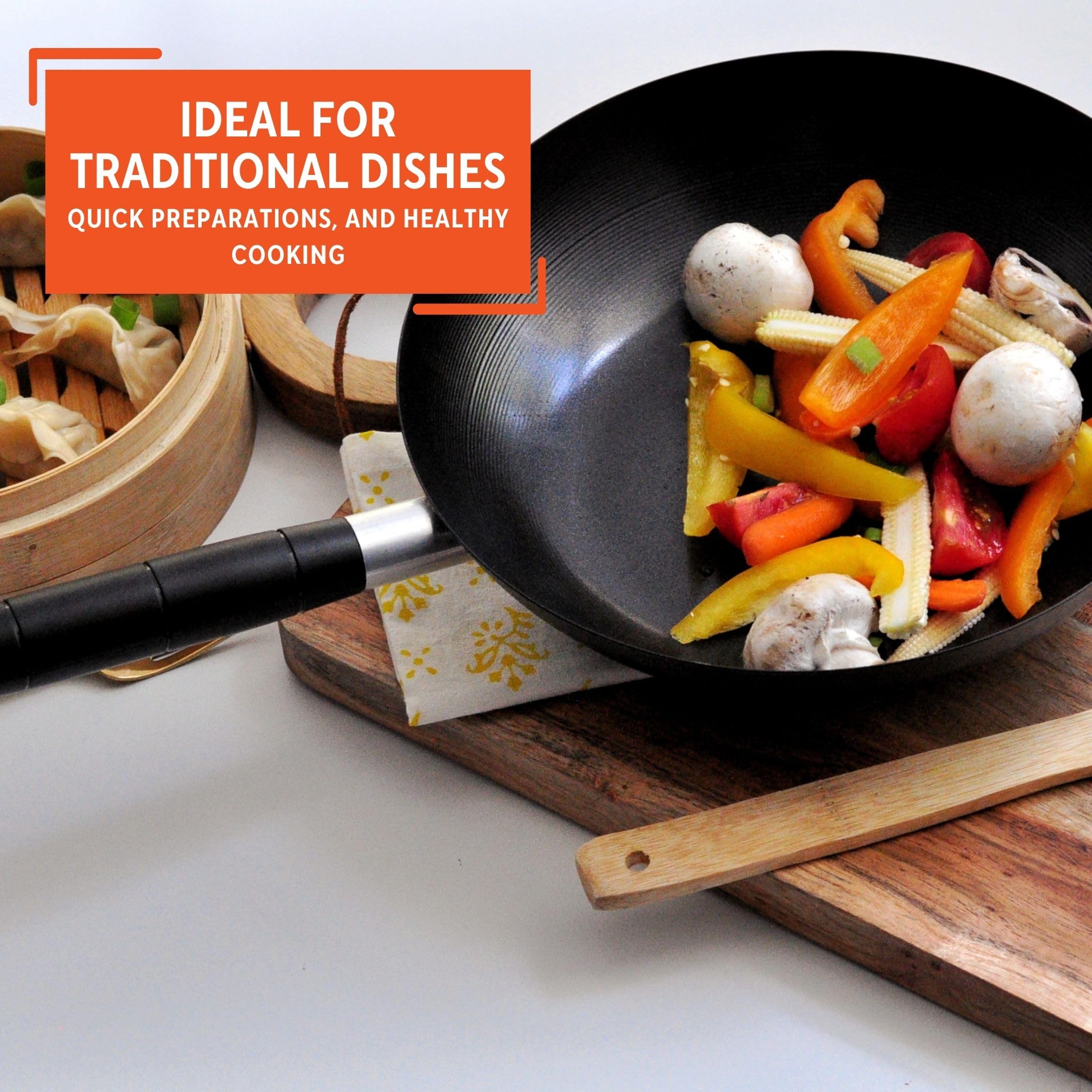 IMUSA USA 9.5" Traditional Carbon Steel Nonstick Coated Wok with Bakelite Handle