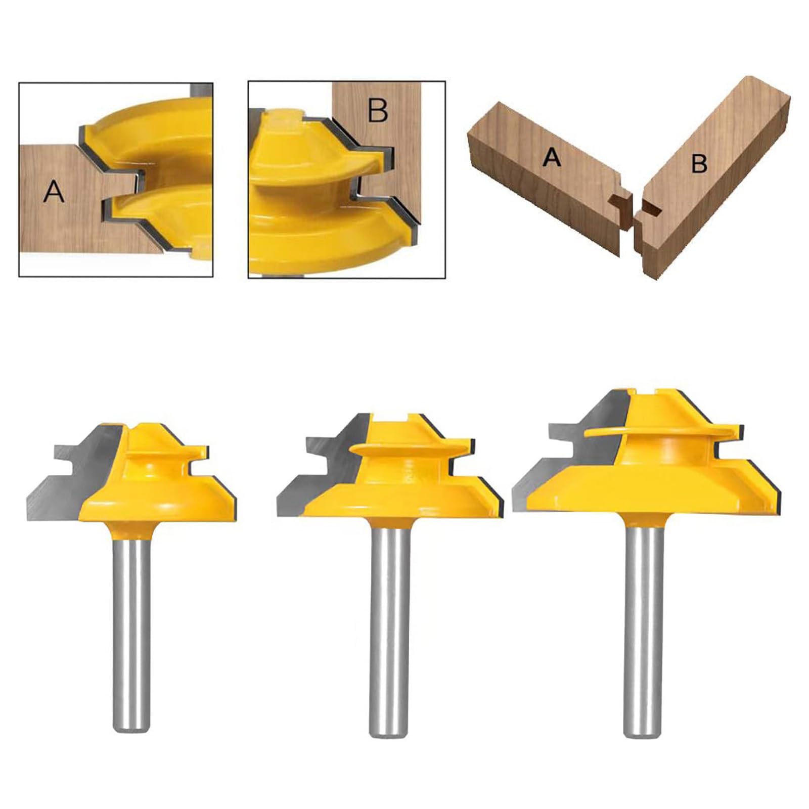 TOEVER 1/4 Inch Shank Router Bit,45 Degree Lock Miter Router Bit , for 31/64", 37/64",3/4" Cutting Height,3-Piece Joint Router Bits, Wood Milling Cutter Glue Joint Tools Set(3PCS 1/4 Shank)