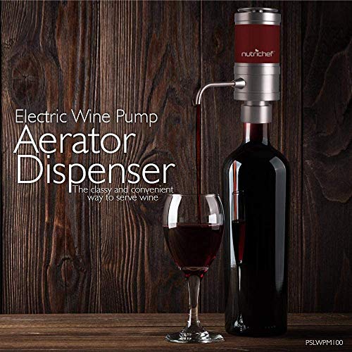 NutriChef Wine Dispenser, Automatic Electric Wine Aerator Pourer w/ Metal Decanter Spout for Red and White Wine Small