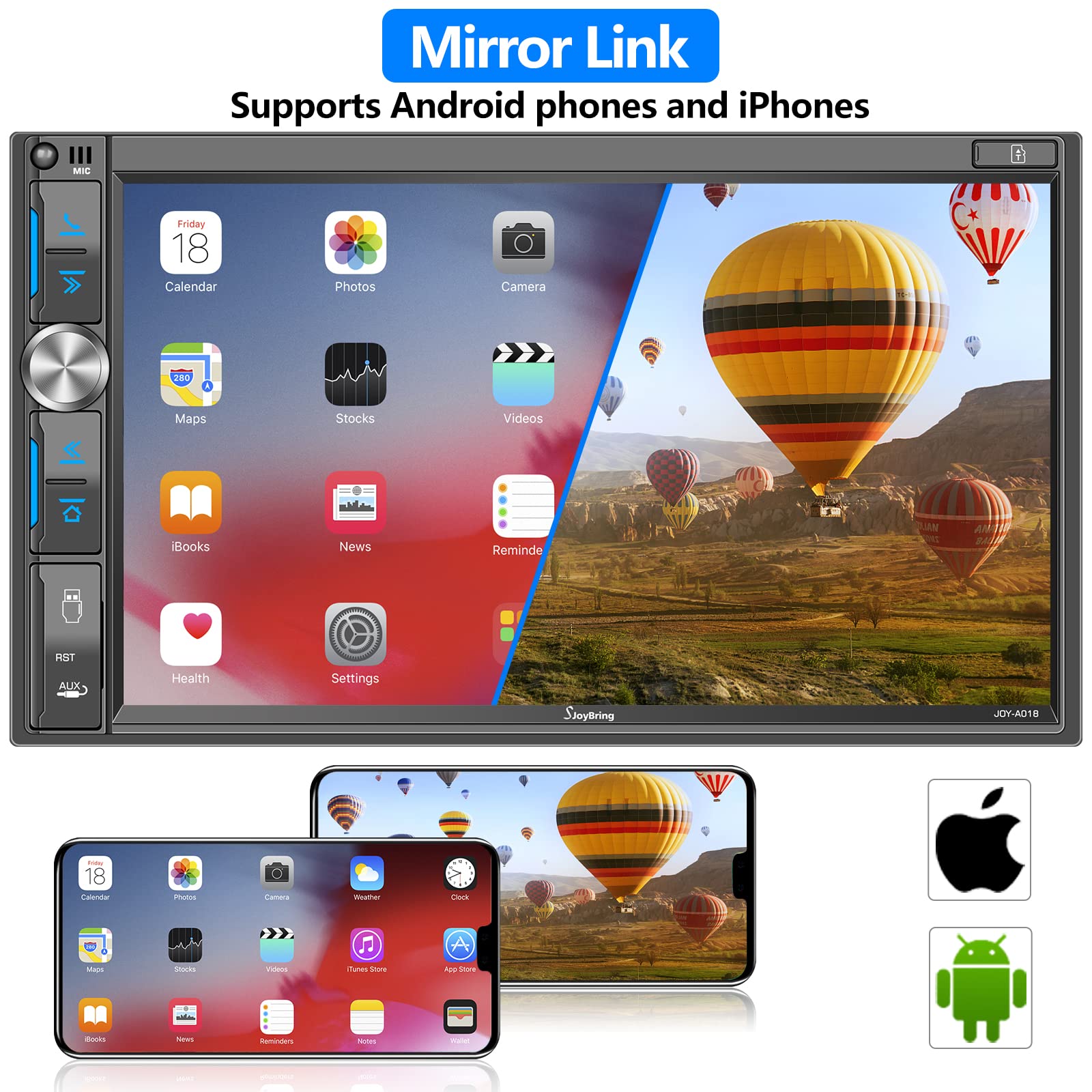 Double Din Car Stereo with Apple CarPlay, Android Auto, Dash Cam, Backup Camera, Bluetooth, Mirror Link, 7-inch Full HD Touchscreen, Subw, SWC, USB/TF/AUX, AM/FM Car Radio