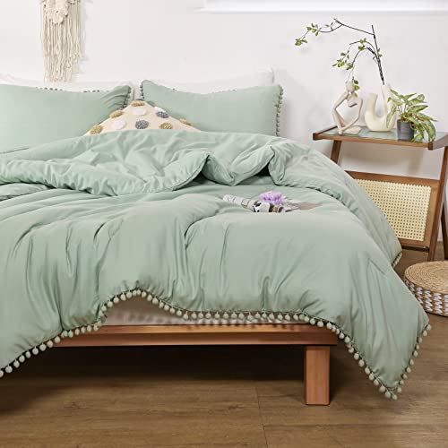 Smoofy Sage Green Comforter Set Queen Size Pom Fringe Boho Chic Cute Ball Pom Bedding Set Cali Soft Warm Vintage Lightweight Solid Comforter 3 Pieces (1 Pom Comforter, 2 Pillowcases)