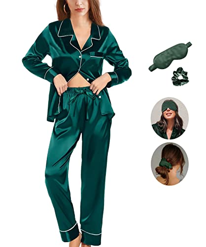 WJing Yi Jia Womens Pajama Set Silk Satin Pajamas Long 2pc Pjs Button Down Sleepwear Pj Set Loungewear White