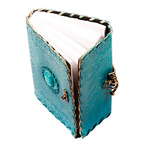 Tuzech Large Writing Notebook Handmade Leather Bound Vintage Journal For Women & Men with Lock & Semi-Precious Stone Gift For Art Sketchbook, Travel Diary & Notebooks To Write In 7 by 5 Inches Blue