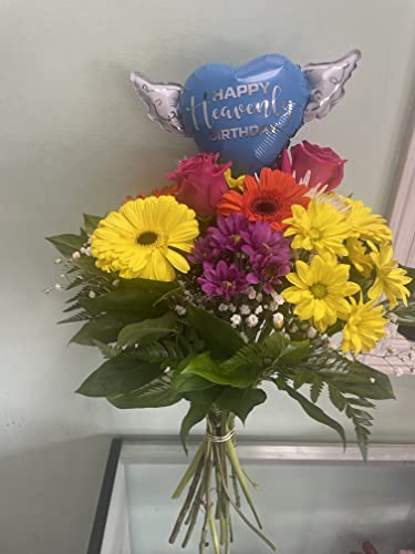 Heavenly Balloons on a stick Happy Heavenly Birthday blue balloon heart shaped with angel wings