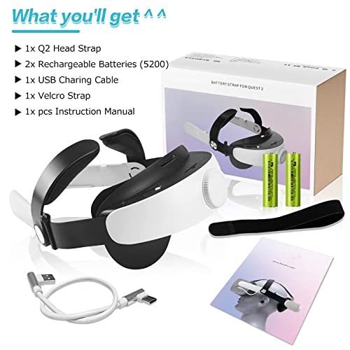HJDHS Rechargeable Head Strap Compatible with Quest 2: 5200mAh Battery Pack Elite Strap Replacement Accessories - Extended 3hrs Playtime Adjustable Halo Enhance Comfort