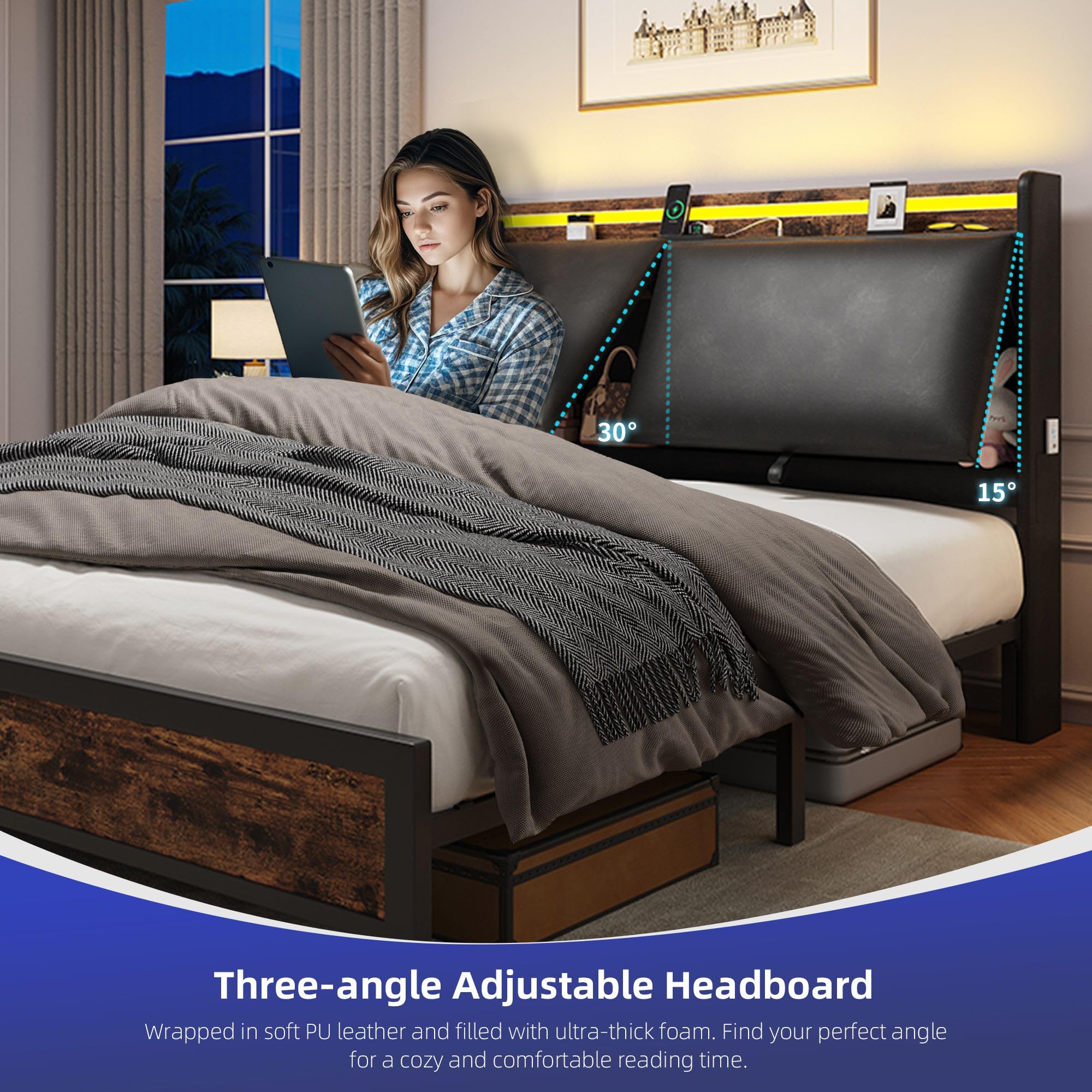 Queen Size Bed Frame with Adjustable Ergonomic Hidden Storage Headboard, PU Leather Upholstered Metal Queen Bed Frame with Charging Station and LED Lights, Heavy Duty, No Box Spring Needed, Black