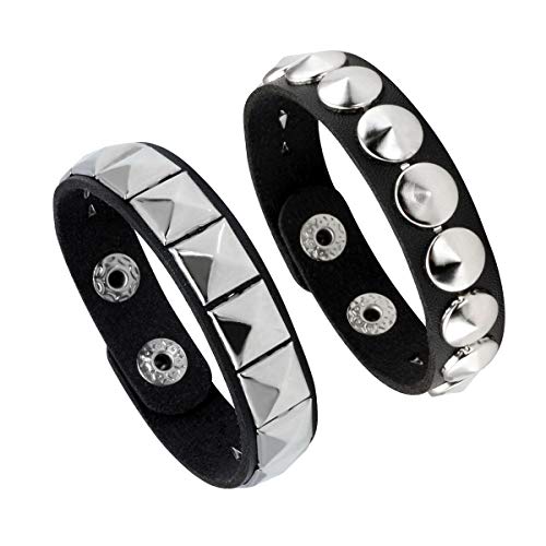 Eigso 2Pcs Black Leather Bracelet for Men Women Adjustable Hematite Punk Spike Metal Cuff Bangle