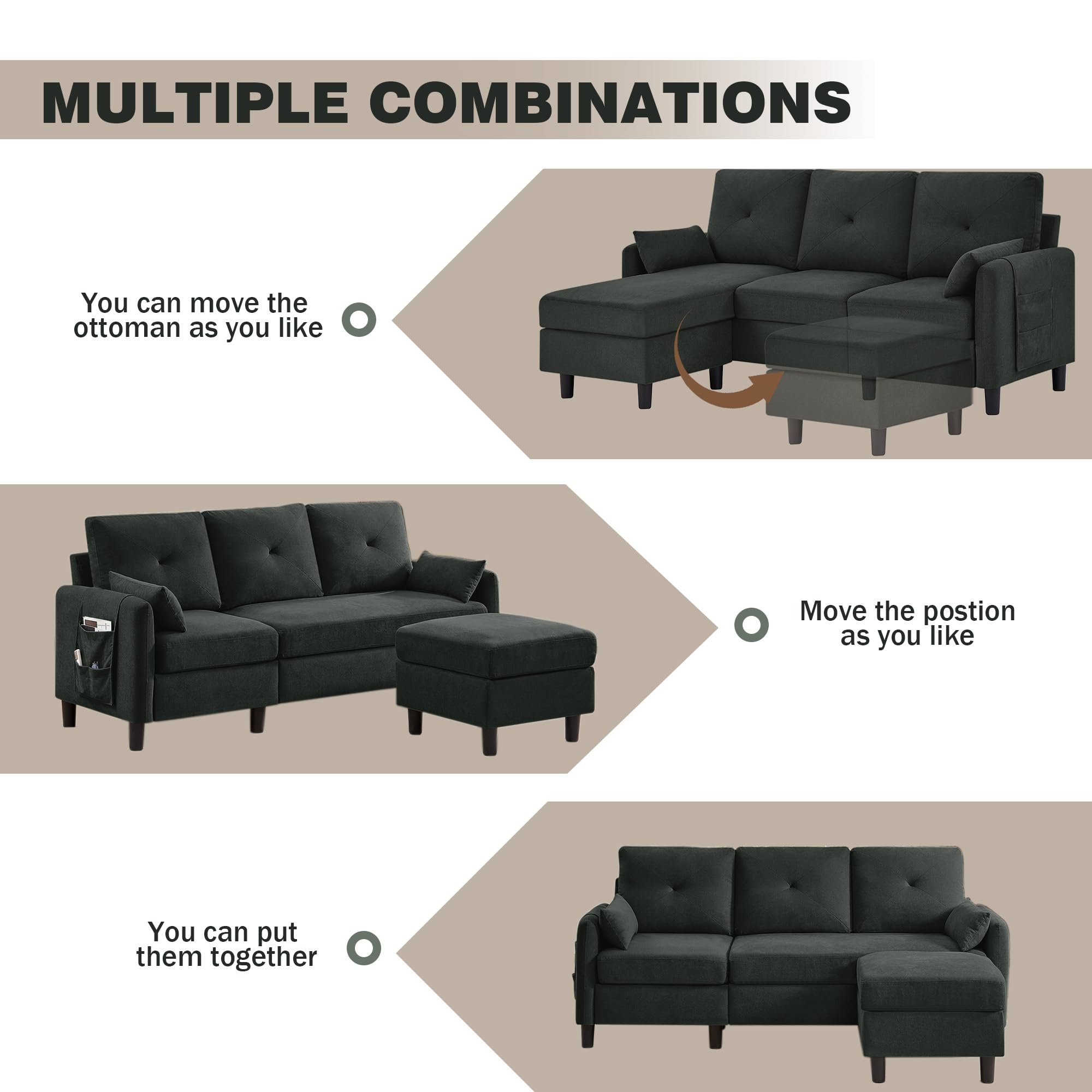 Tornama Convertible Sectional Sofa Couch 3 Seat L Shaped Sofa with Pillows, 77" Linen Fabric Small Couch with Reversible Chaise and Side Pockets for Living Room, Apartment and Office, Black