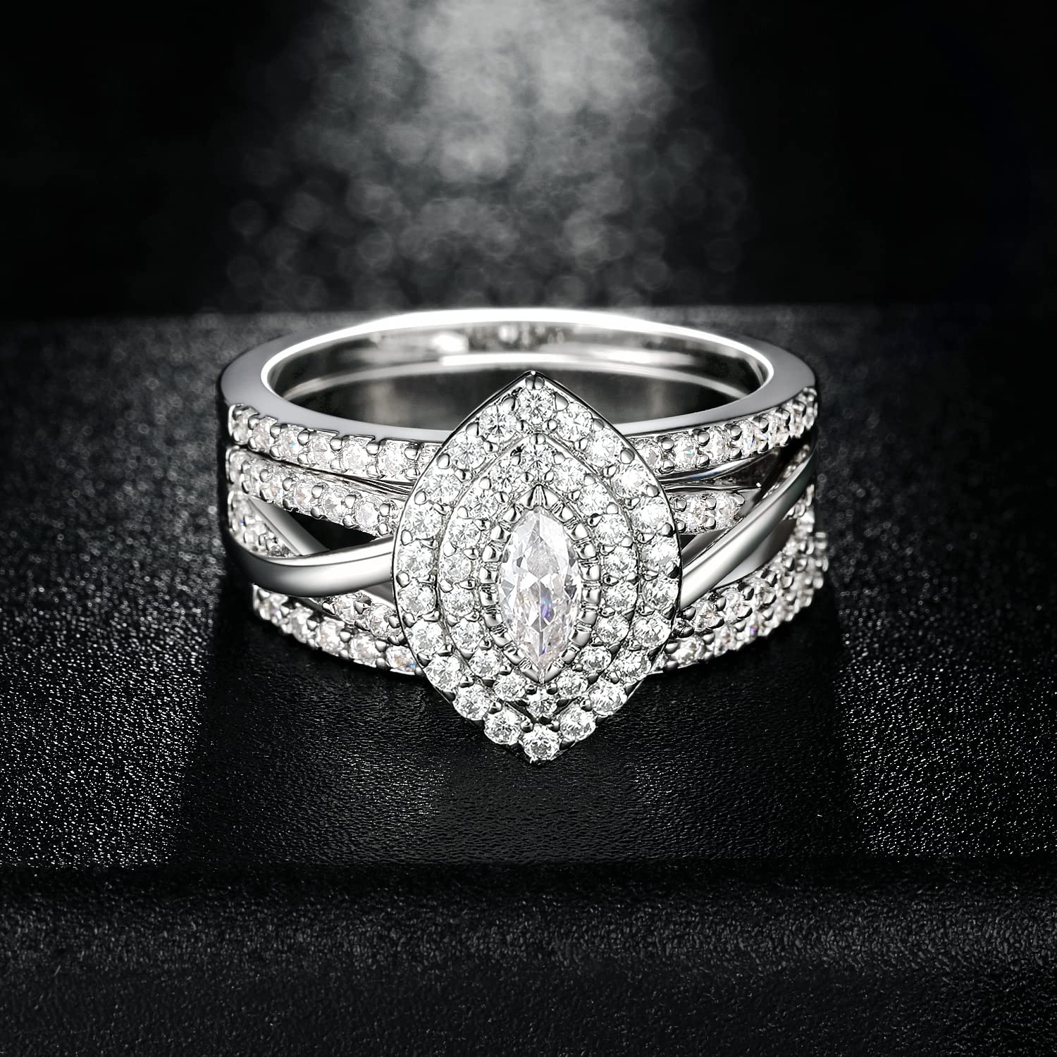 MDFUN Stackable Rings for Women 18K White Gold Plated Three-in-One Marquise Mini Halo CZ Wedding Engagement Promise Eternity Band (6)