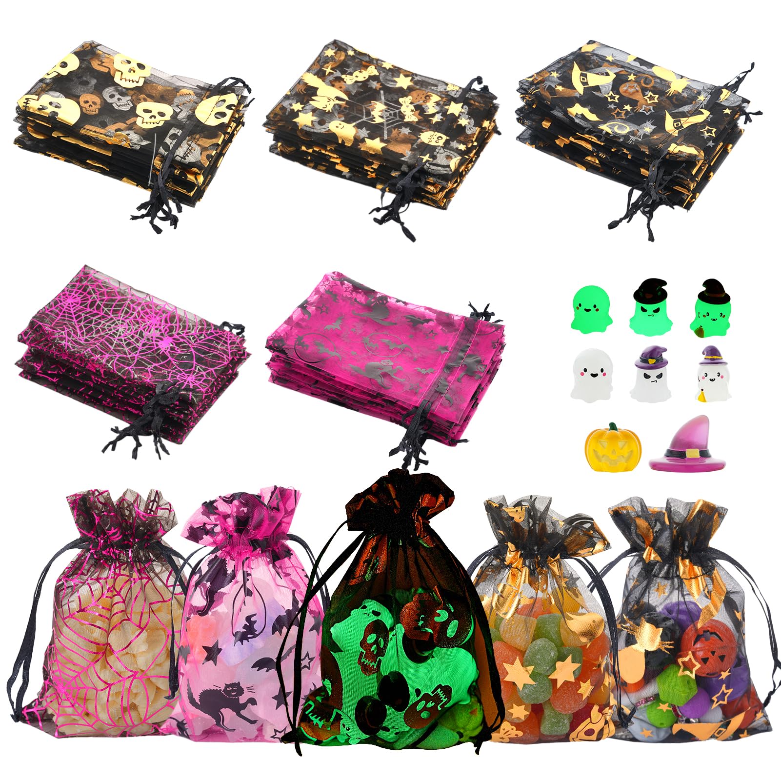 QPRETTY DU 100PCS Halloween Organza Gif Bags Set, 25PCS Glow in The Dark Resin Figures,25PCS Tattoo Sticker,Black Drawstring Gift Bags,4Ć6 Mesh Candy Gift Bags for Halloween Party Favors Set