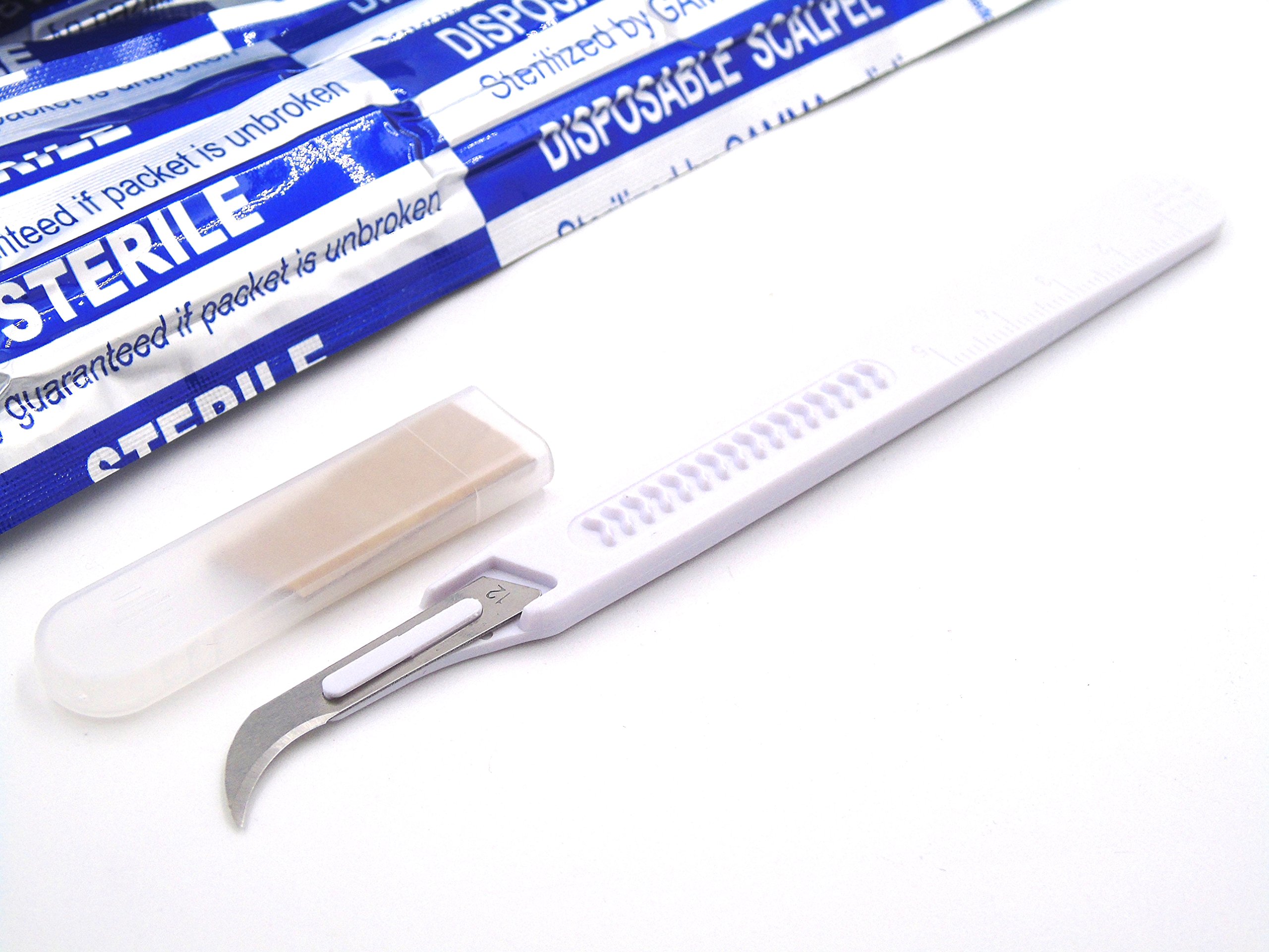 Disposable Scalpels High-Carbon Steel Blades, Plastic Graduated Handle, Sterile, Individually Foil Wrapped, Box of 10 (Disposable Scalpel #12)