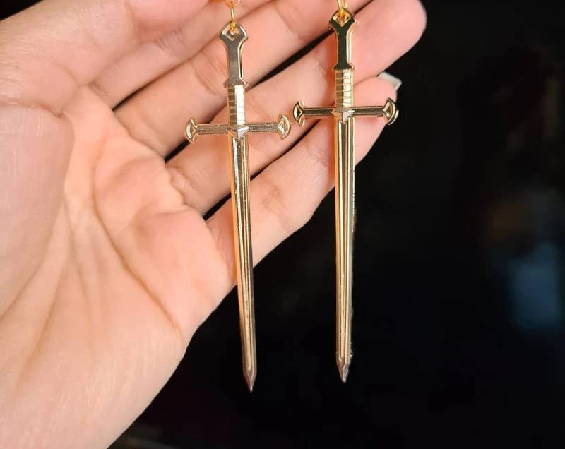Gothic Vintage Silver Sword Cross Dangle Hook Earrings Retro Punk Knife Earrings Jewelry for Women(antique gold)