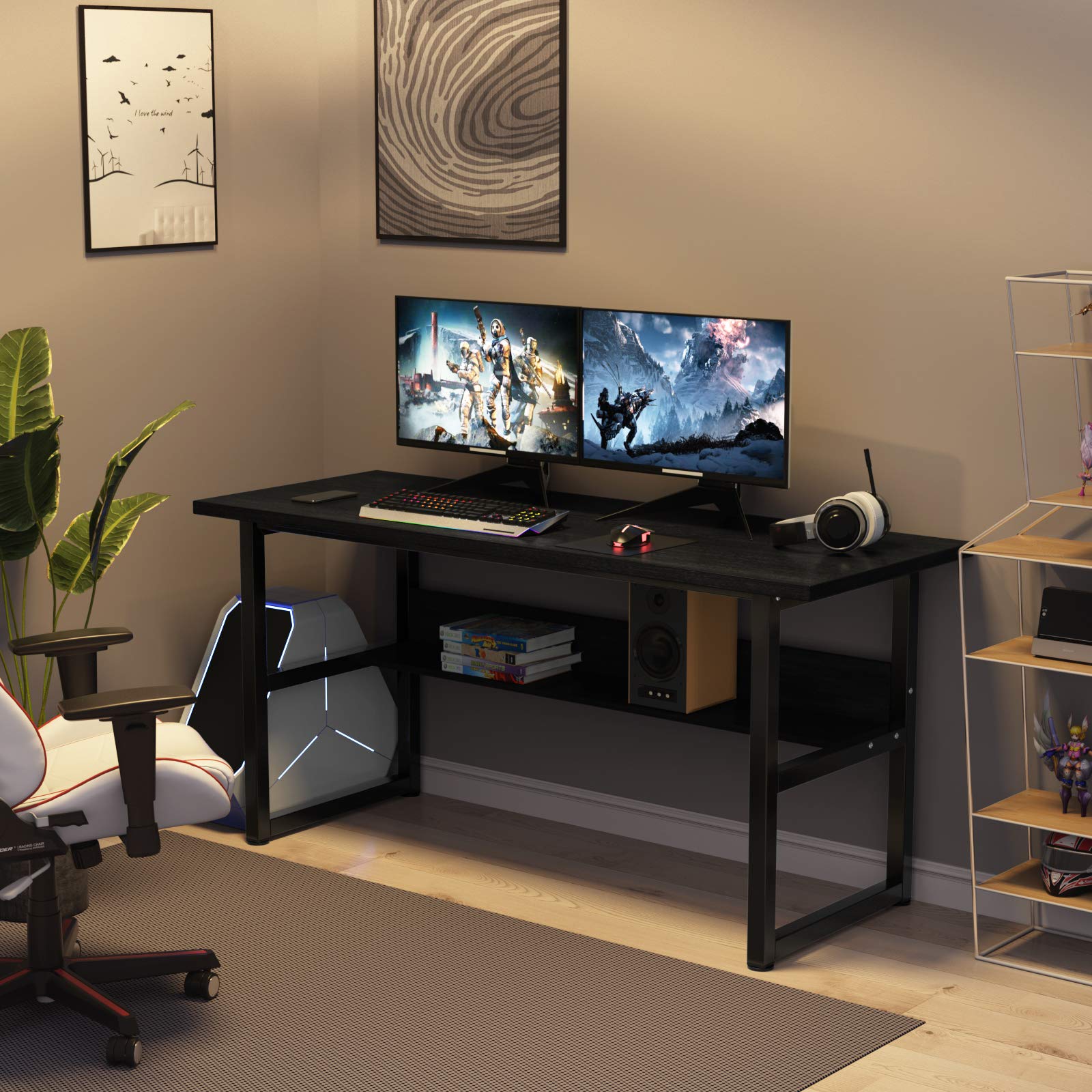 DEWEL Computer Desk with Bookshelf 63inch Writing Desk Home Office Desk with Storage Shelf Large Gaming Table Corner Workstation for Bedroom Simple Style Easy Assembly(63 inch Black Walnut)
