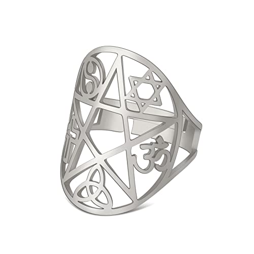 Hipee Adjustable Pentagram Ring Stainless Steel Star of David Ring (Penatgram-Silver, Adjustable)