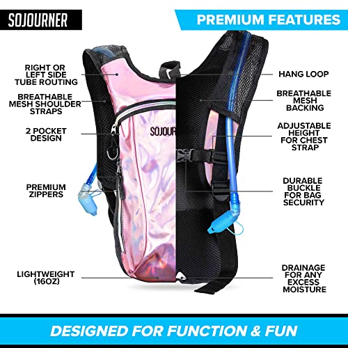 SOJOURNER Hydration Pack Backpack - 2L Water Bladder Included for Festivals, Raves, Hiking, Biking, Climbing, Running and More (Holographic - Pale Pink)