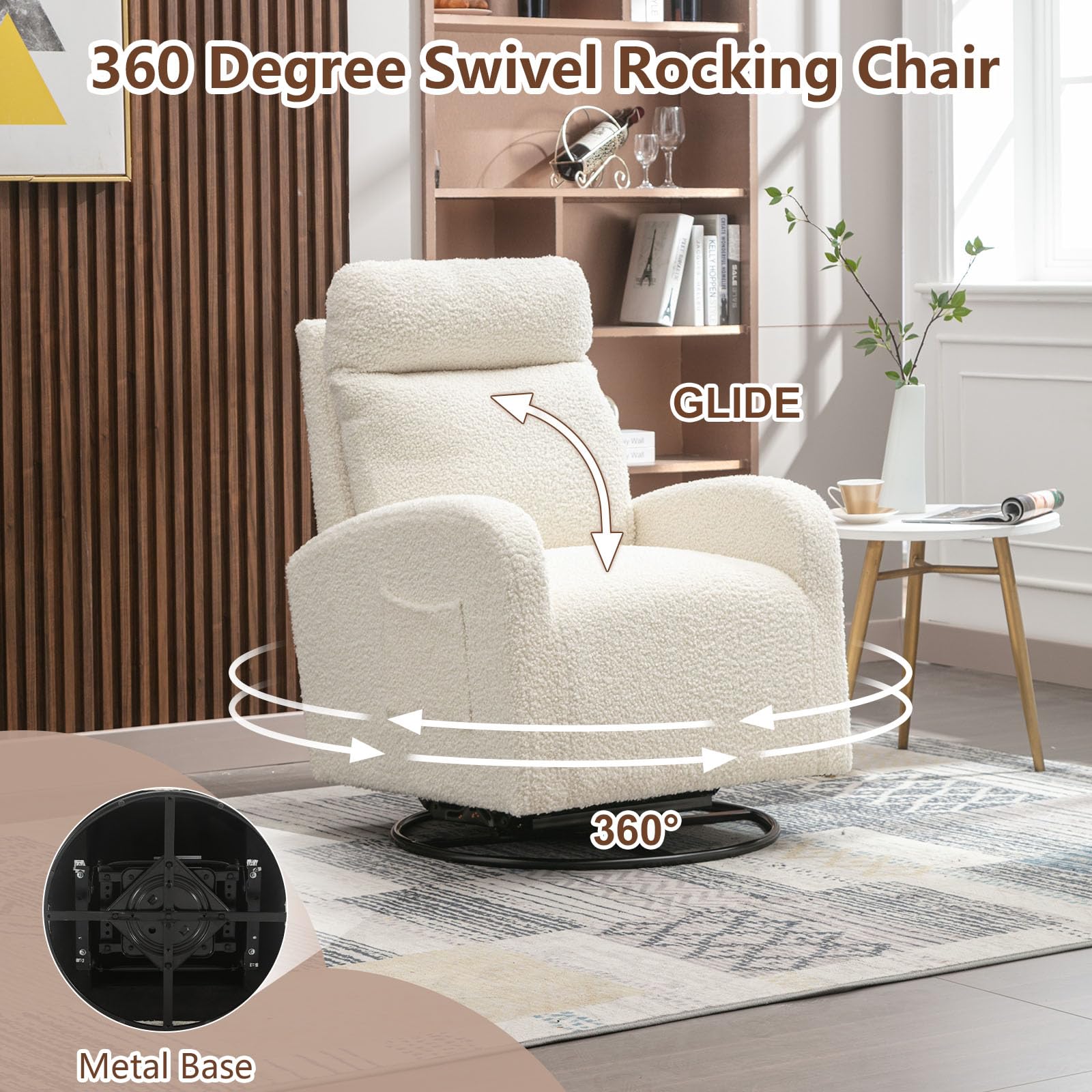 LUCKHAO Swivel Rocking Chair,Nursery Swivel Glide Armchair Teddy Fabric Upholstered Modern Rocking Chairs with High Backrest for Nursery, Bedroom, Living Room(White Teddy