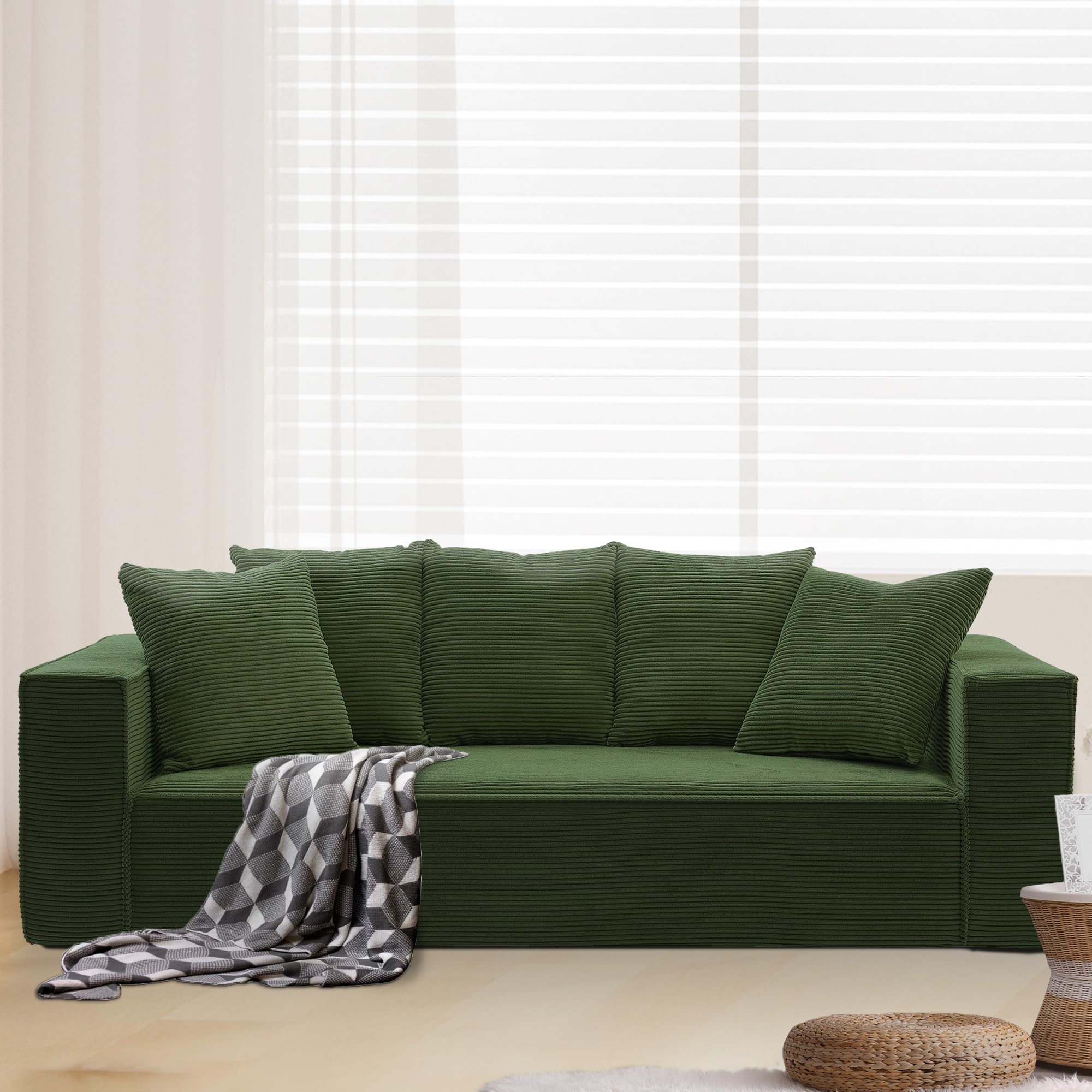 Quenvo Corduroy Sofa Couch for Living Room, Modern 3 Seater Modular Sectional Sofa with 5 Sofa Pillows, Comfy Deep Seat Sofa with Wide Armrest for Apartment Lounge, 89 Inch, Green