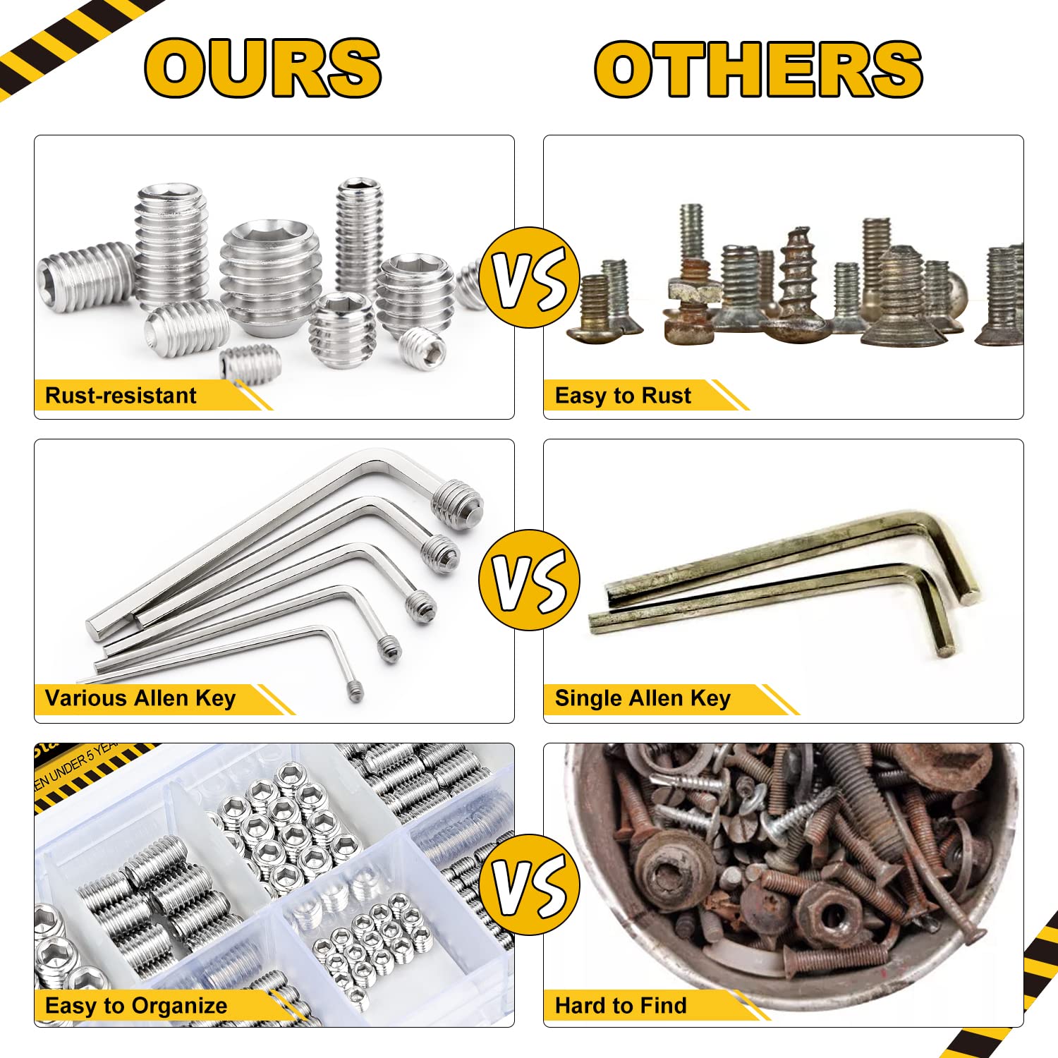 TOTFSTNR 230Pcs 304 Stainless Steel Socket Set Screws Assortment Kit, M3 M4 M5 M6 M8 Grub Screws with Hexagon Socket, Hex Allen Head Screw Set Kit for Door Handles, Light Fixture (Metric)