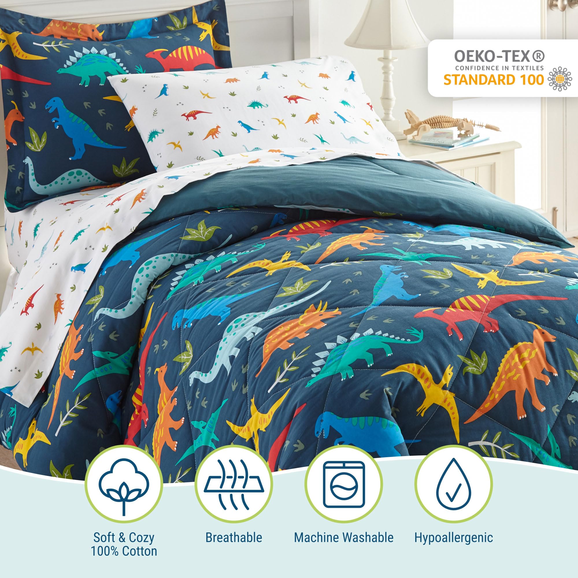 Wildkin 100% Cotton 5 Piece Twin Bed-in-A-Bag for Boys & Girls, Bedding Set Includes Comforter, Flat Sheet, Fitted Sheet, Pillowcase & Sham, Bed Set for Cozy Cuddles (Jurassic Dinosaurs)