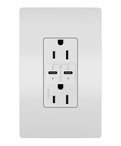 Legrand radiant R26USBPDW 15 Amp Tamper-Resistant Decorator Duplex Receptacle Outlet with Ultra Fast USB C/C 6.0A Charging Ports PLUS 30W Power Delivery, White (1 Count)