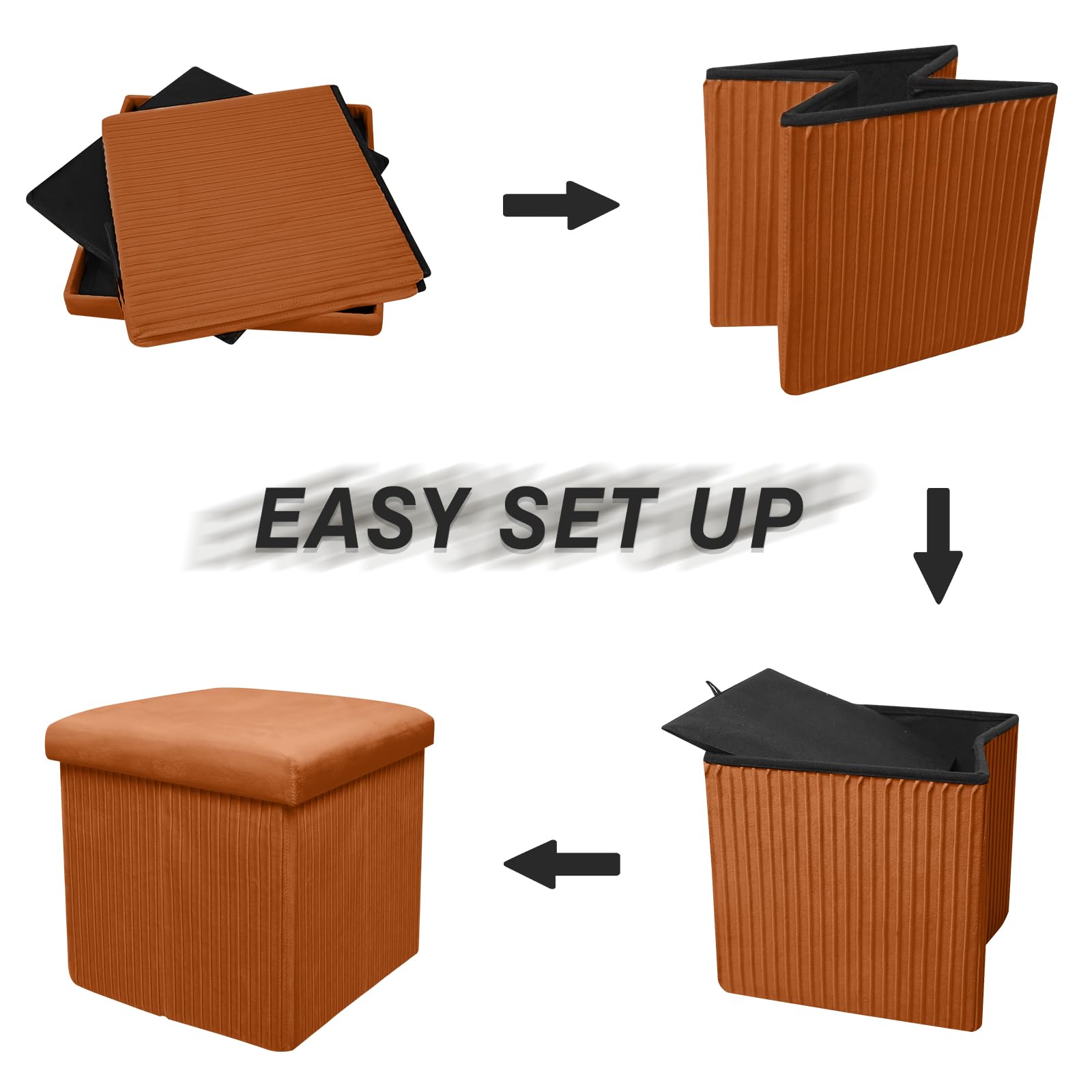 ECOMEX Folding Storage Ottoman Cube, 11.8 Inches Small Storage Ottoman with Padded Seat Foldable Cube Ottoman with Storage Velvet Cube Ottoman for Bedroom Living Room, Orange