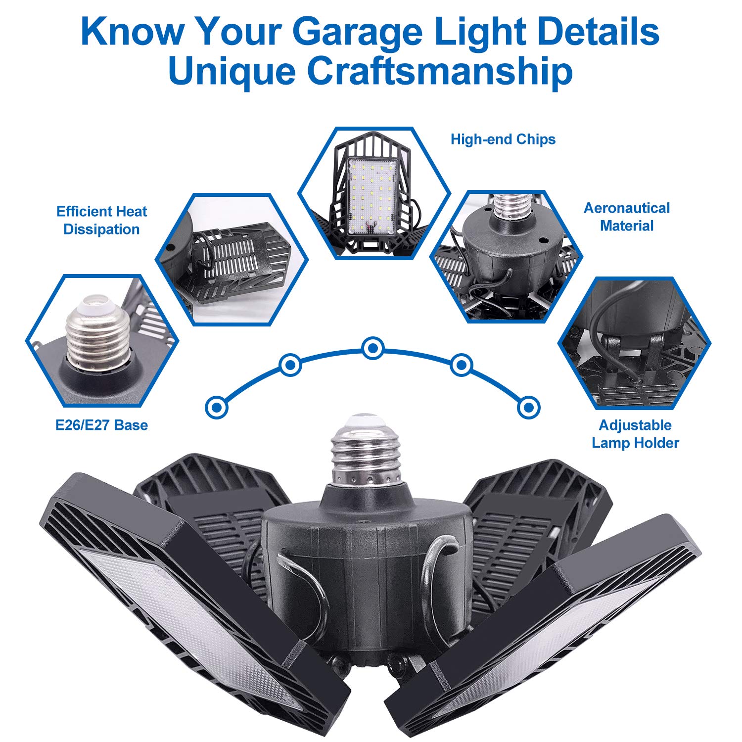 Garage Light, 2020 Updated Four Leaf Garage Light Deformable Led Garage Lights 60W LED Garage Lights 6000 Lumens Garage Ceiling Light CRI 80 Led Light for Garage Workshop Basement Laundry Room-Black