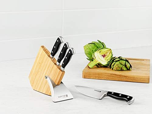 Sabatier Slim-Style Forged Japanese Stainless Steel Triple Rivet 5-Piece Prep Knife Set with Bamboo Storage Block - Expert Blade Retention & Precision Results