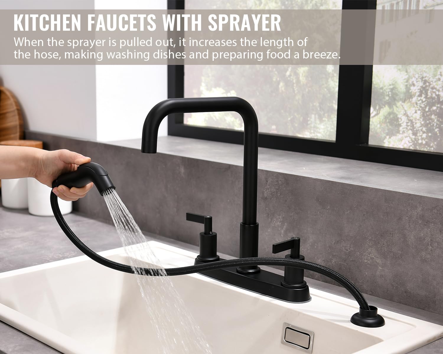 Kitchen Faucet with Sprayer, Black Kitchen Faucet, Matte Black Kitchen Sink Faucet, Stainless Steel Kitchen Sink Faucet with Side Sprayer, 3 or 4 Hole RV Utility Laundry Kitchen Faucets KMF028B