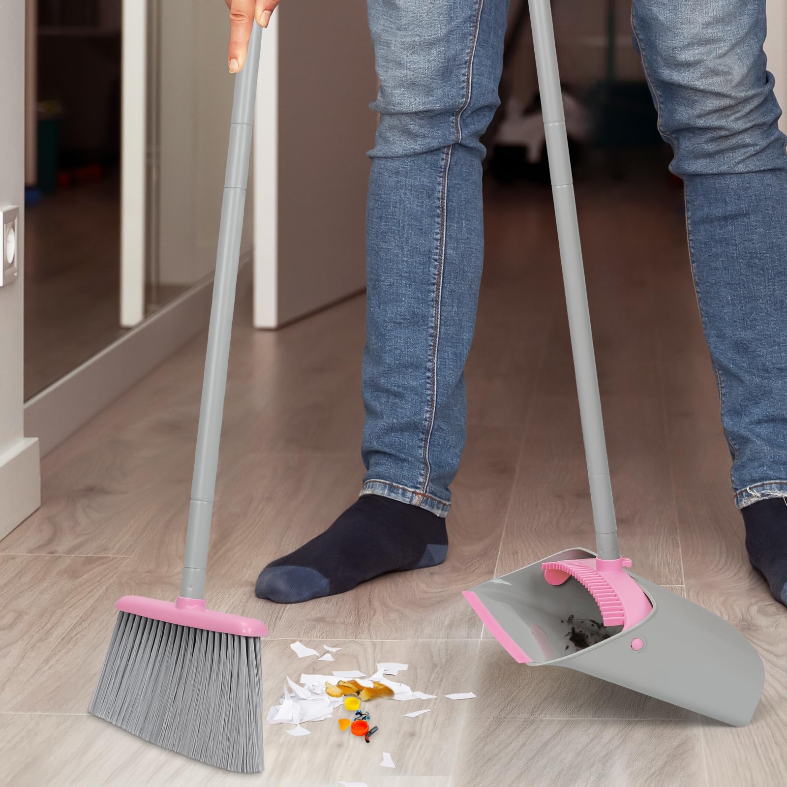 Pink Broom with Dustpan Combo Set,52" Brooms for Sweeping Indoor Broom and Dustpan Set for Home Kitchen Office Lobby Floor Standing Dust Pan