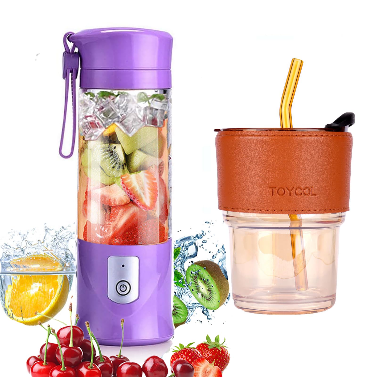 Portable Blender, Type-C Rechargeable Travel Juicer Cup + Glass Tumbler with Straw and Lid