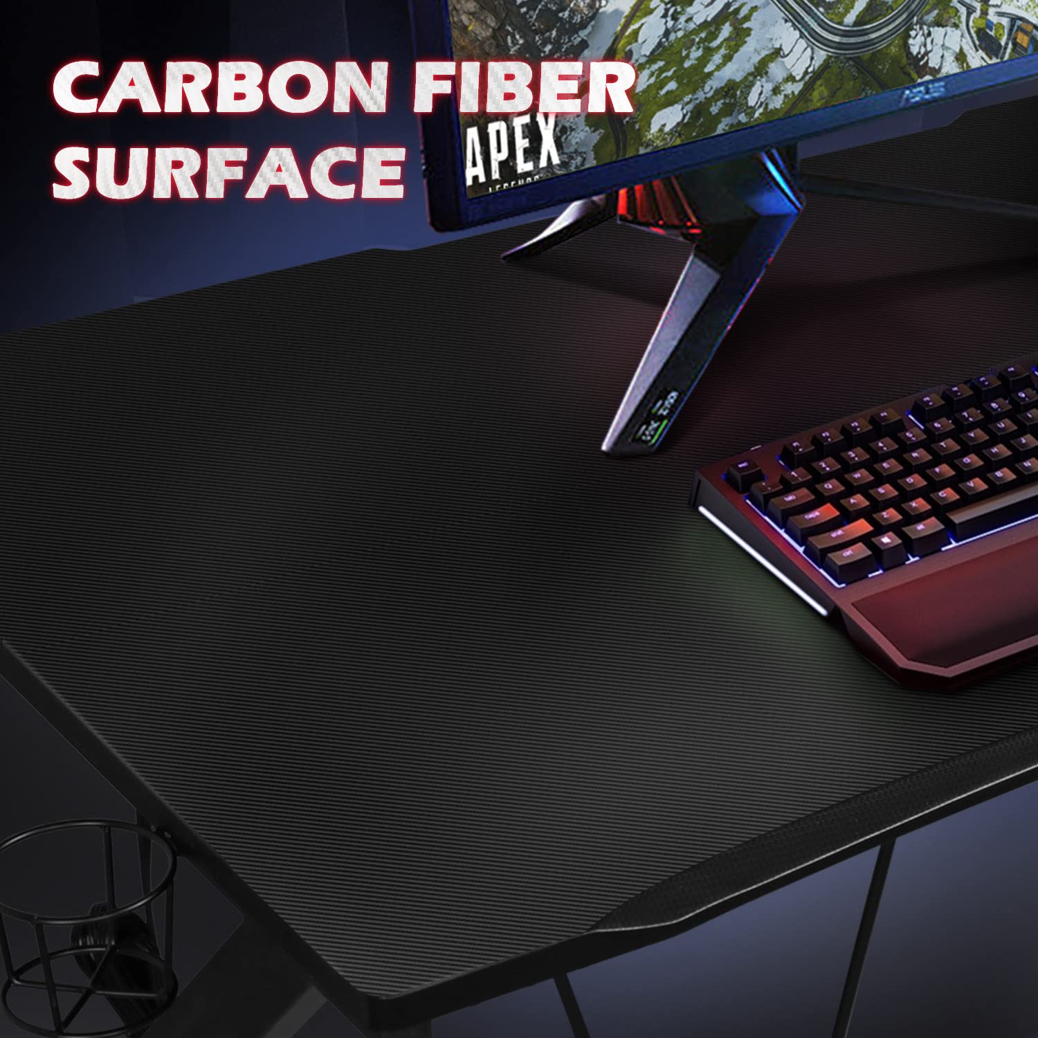 ENSTVER 42 Inch Black/Pink Home Office PC Computer Gaming Desk, K Shaped Gaming Workstation with PVC Surface for Gamer,Writing Desk Table with Cup Holder&Headphone Hook,Black