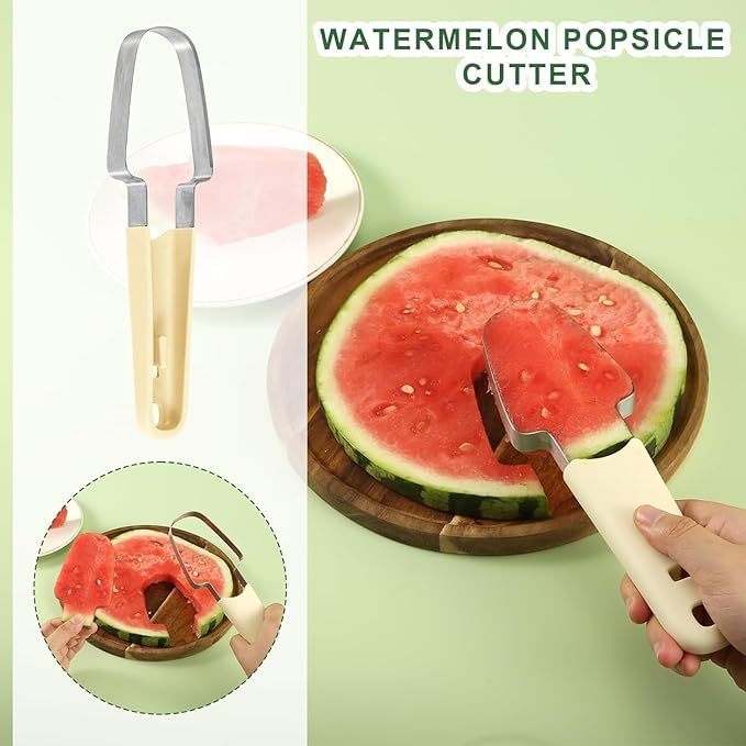 TROKKA 3-in-1 Watermelon Fork Slicer Cutter,Stainless Steel Watermelon Popsicle Cutter Watermelon Cutter Slicer Tool Melon Cutter Knife Portability Fruit Fork for Camping Kitchen Gadgets (Beige)