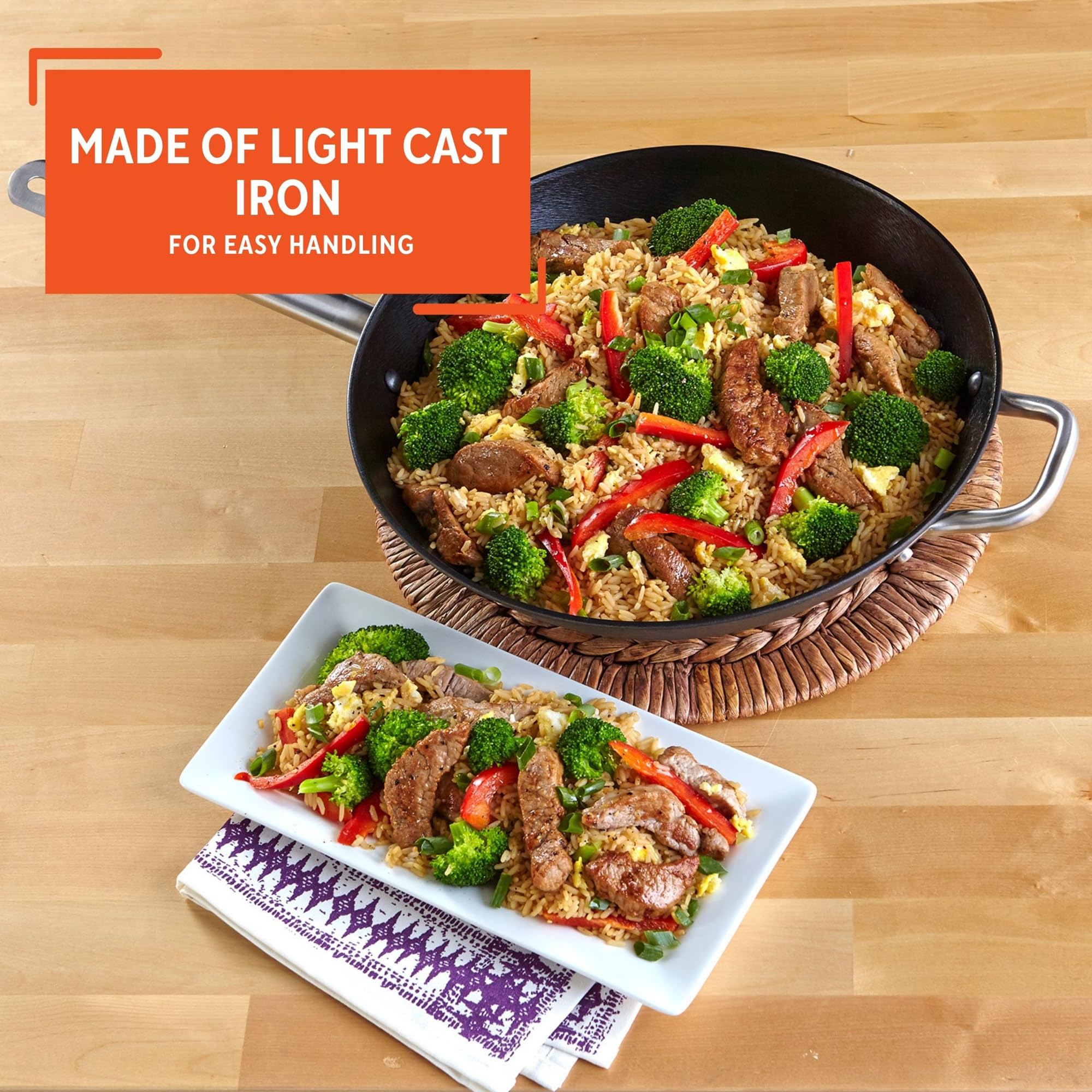 Imusa LCI-19008 Light Cast Iron Wok Pre-Seasoned Non-Stick with Stainless Steel Handles, 14", Black