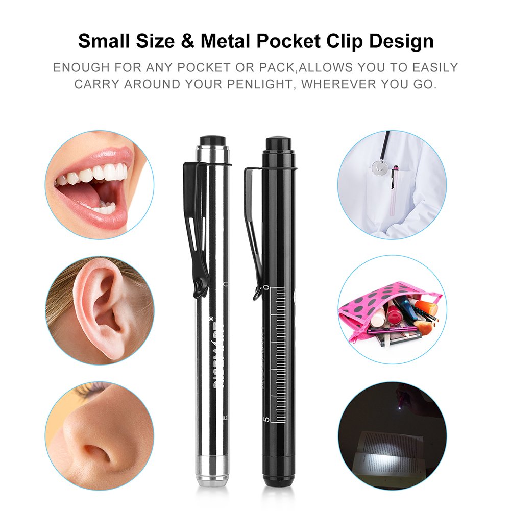 RISEMART Pen Light, Nurse Led Medical Penlight with Pupil Gauge for Nursing Students Doctors Black and Silver with Batteries