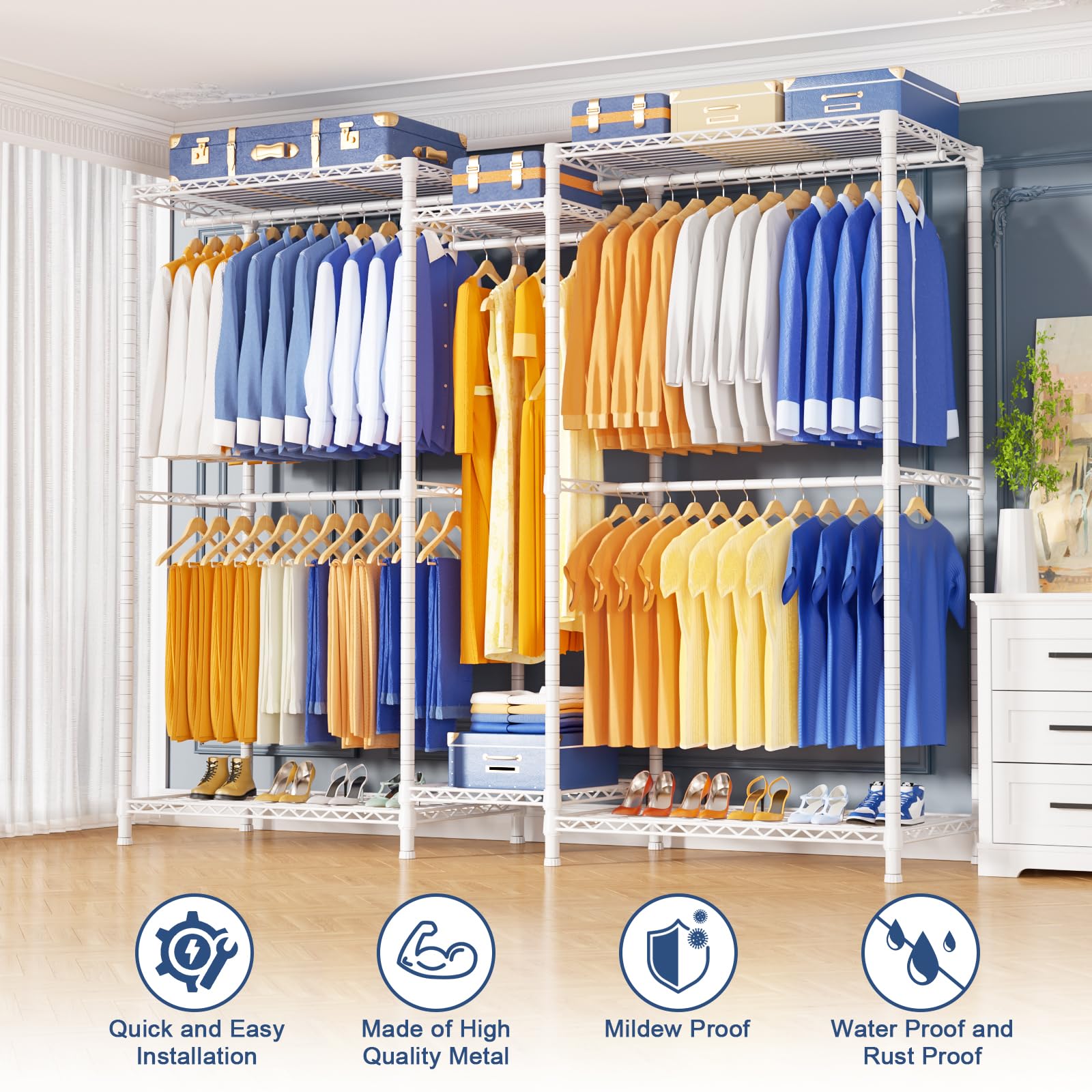 Ulif E12 Clothes Rack，Heavy Duty Freestanding Garment Rack with Shelves，Metal Clothing Closet Storage System for Hanging Clothes，71" W x 16" D x 76.5" H, Hold 960 lbs，Black