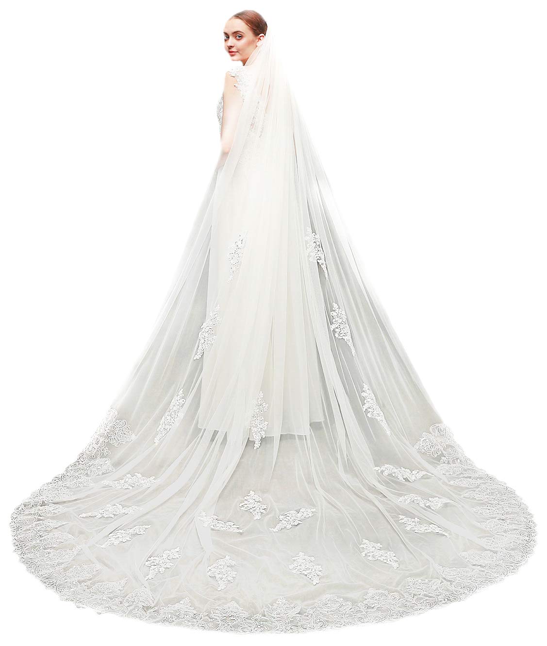 EllieHouse Cathedral 1 Tier Sequin Lace Wedding Bridal Veil White