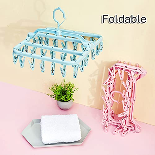 Rivama Foldable Clip Hangers with 32 Clips,Clothes Drying Rack with Clips,Folding Laundry Clip and Drip Drying Hanger for Socks,Underwear,Bras,Lingerie,Towels,Diapers,Baby Clothes,Scarf (Light Pink)
