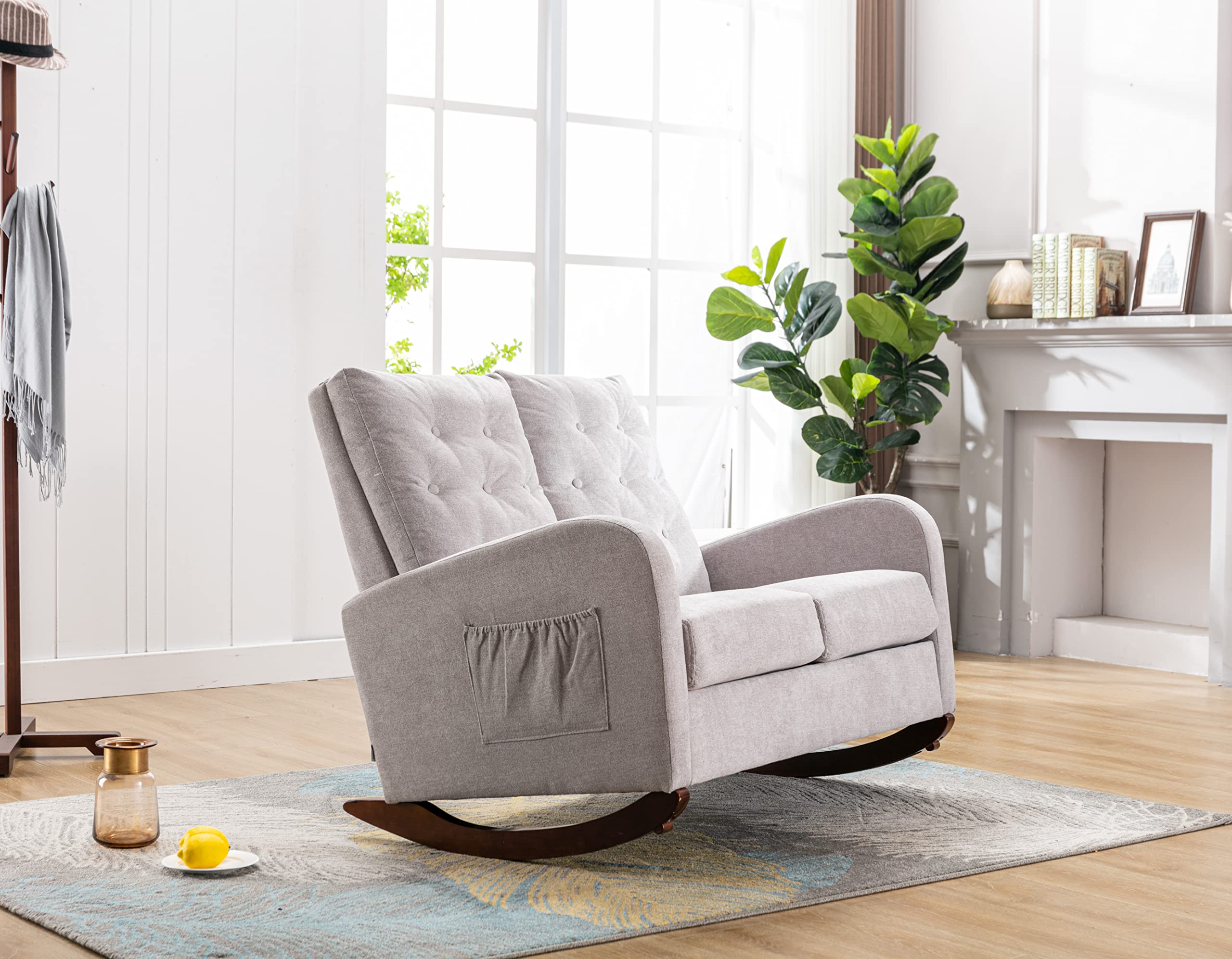 LUMISOL Modern Upholstered Double Rocking Chair, Nursery Rocking Loveseat with Tufted Backrest and Storage Pockets, Glider Rocker Chair for Bedroom, Living Room (Light Grey)