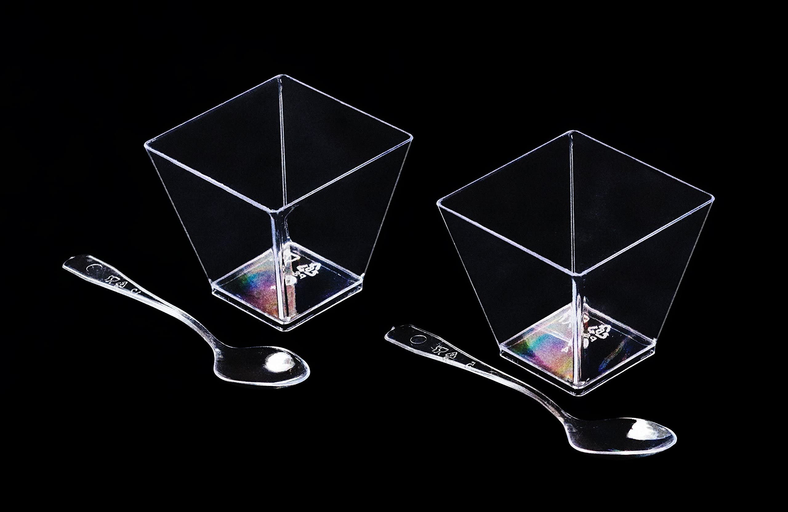 ImpiriLux 2 oz x 100 ct Dessert Cups with Spoons | Square Mini Plastic Dessert Cups + 100 Spoons | Chic Presentation of Desserts, Appetizers, Catering and Much More