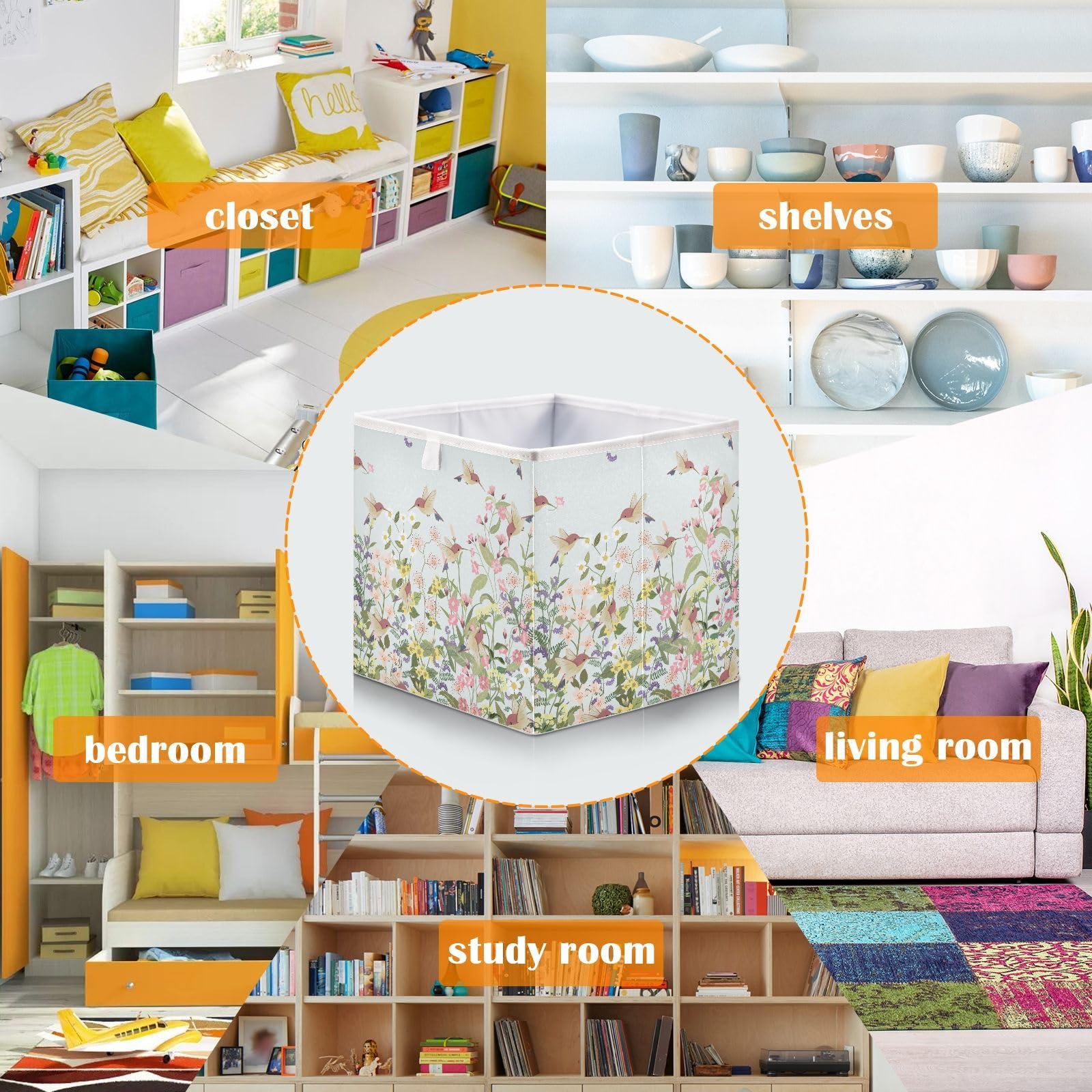 FUGIDOG 11x11x11 inch Fabric Storage Bins Flowers Hummingbirds Foldable Storage Cubes Baskets with Handles Clothes Toys Storage Box for Nursery Closet Shelves Organizer