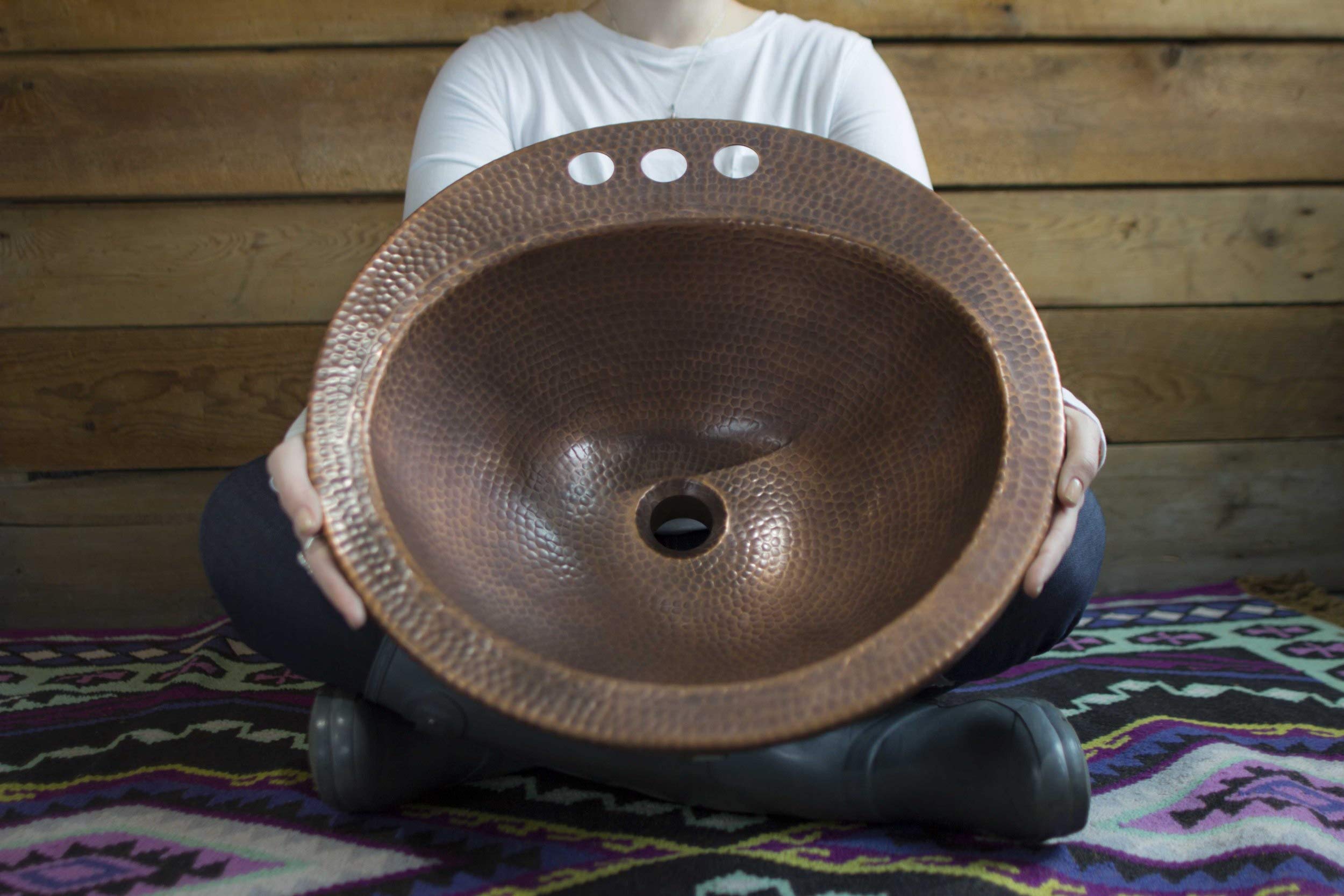 Sinkology SB101-19AC Bell Drop-in Handmade Copper Bath Sink with 4" Faucet Holes and Overflow, 19", Antique Copper