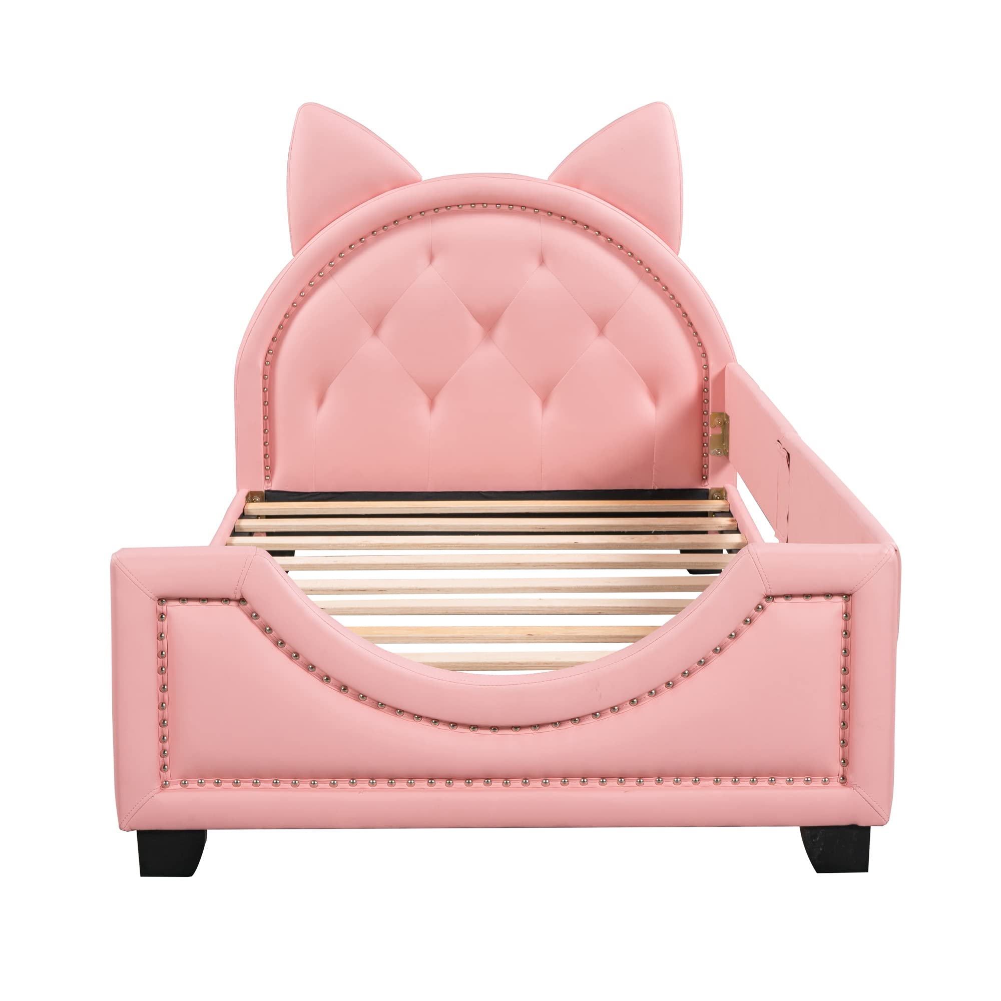 Pink Upholstered Twin Bed with Ears Shaped Bottom Tufted Headboard, Low Platform Bed Frame with Rails for Kids Girls Boys Teens, Faux Leather