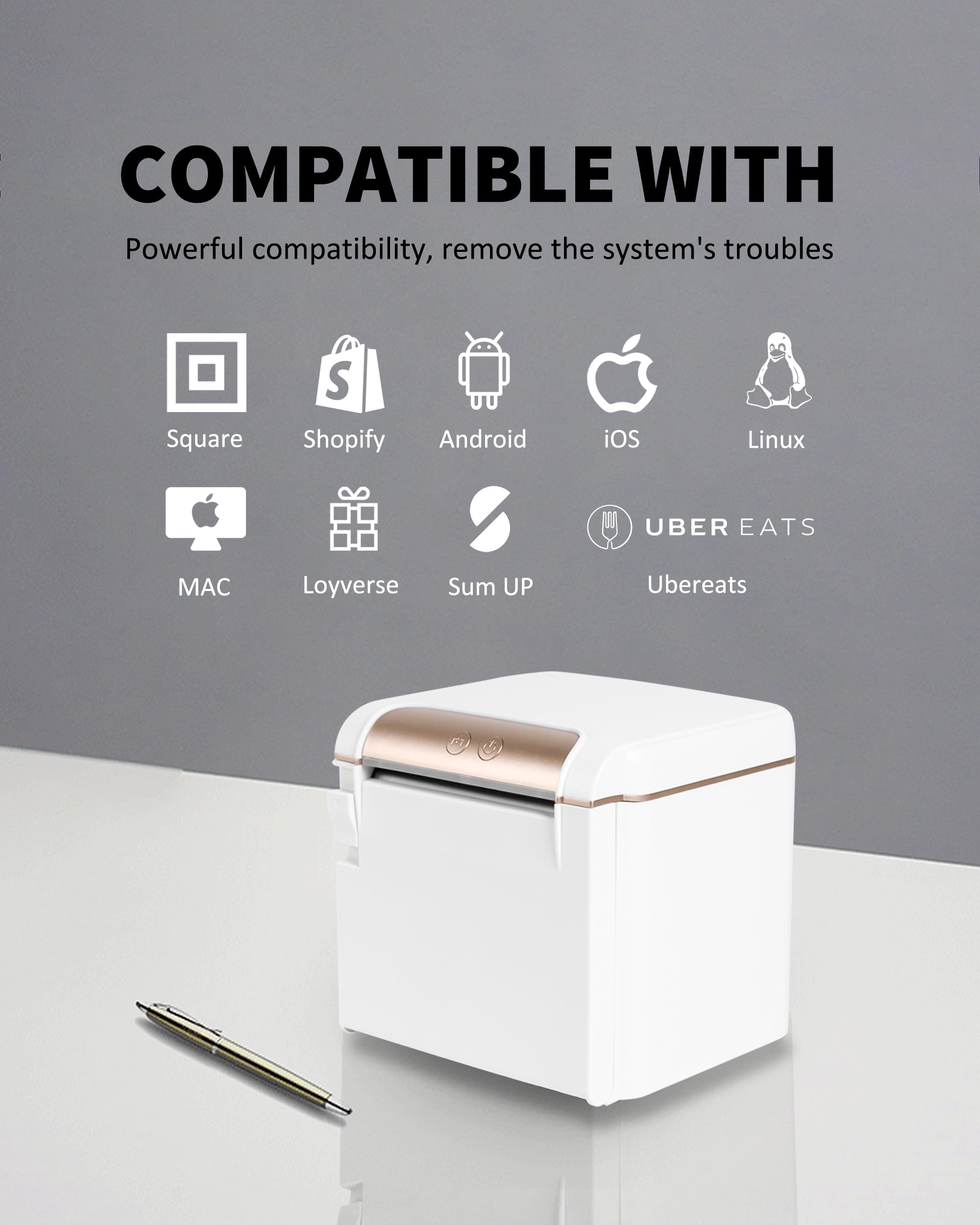 ZYWELL Thermal Receipt Printer 80mm ZY608 Compatible with Square Shopify iOS Android, Receipt Printers with Auto-Cutter, Audio-Visual Alarm, Printer Use for Small Business,Restaurant