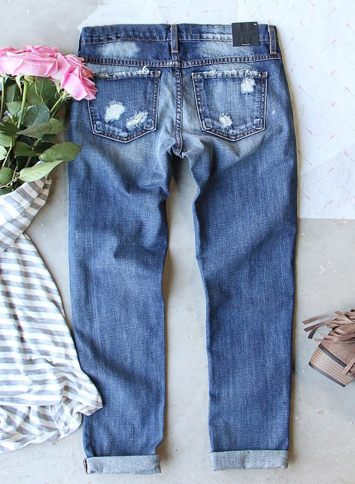 EVALESS Ripped Jeans for Women Boyfriend Distressed Patchwork Print Democracy Mom Jeans 2023 Fashion Wide Leg Losse Baggy Racing Denim Pants with Hole Blue Medium