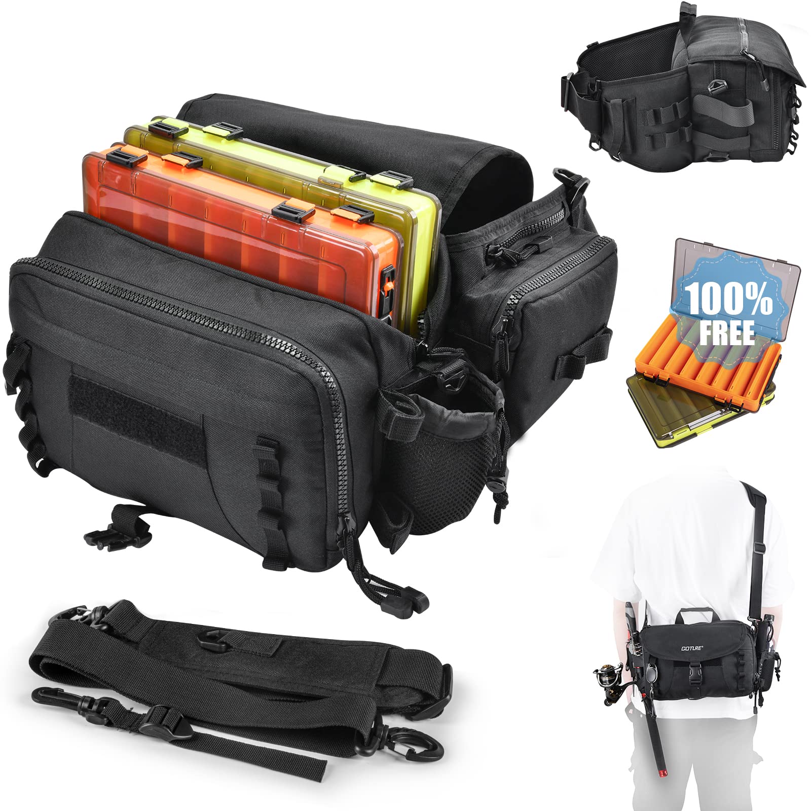 Goture Fishing Tackle Bag, Water-Resistant Fishing Tackle Storage Bag with Padded Shoulder Strap and 2 tackle boxes
