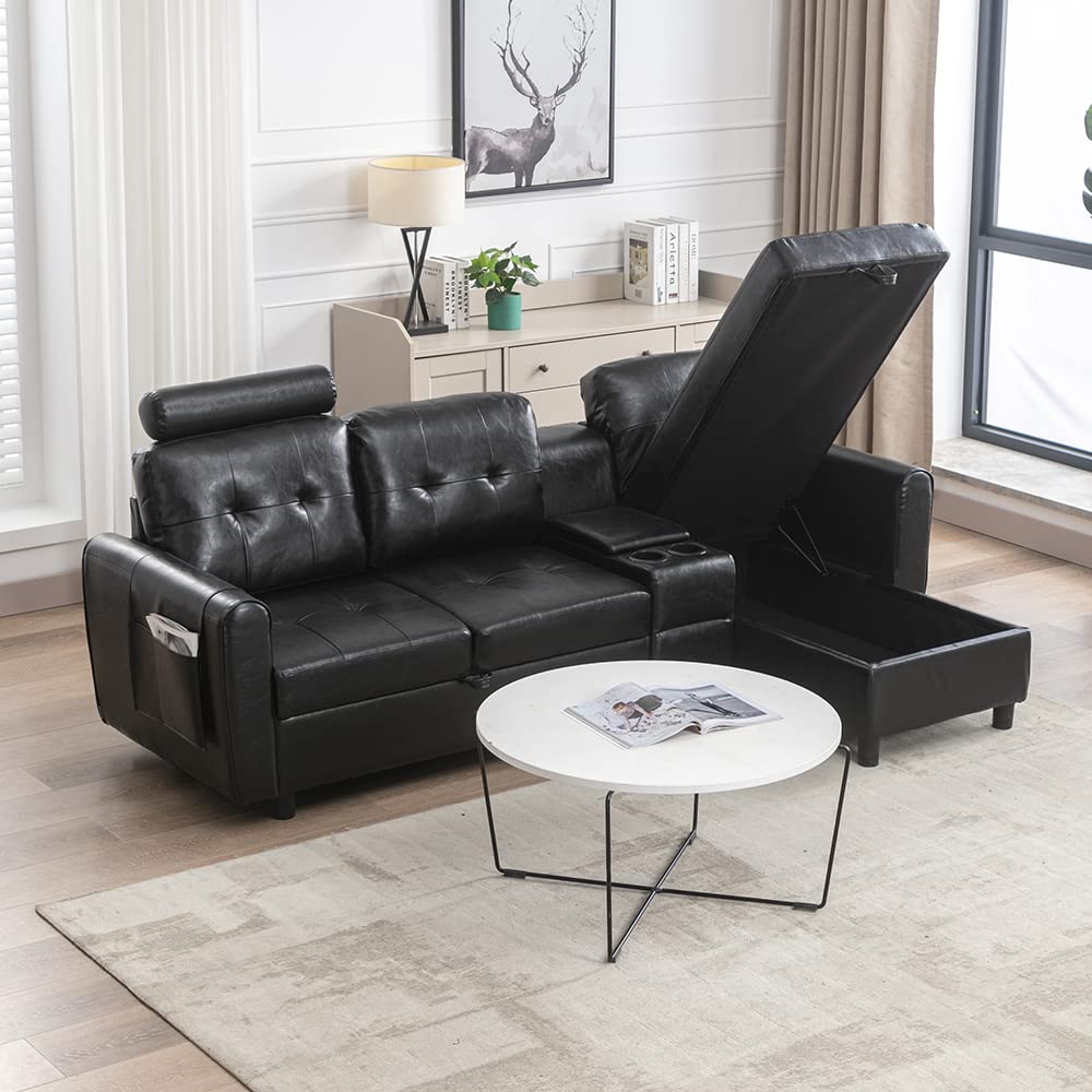 P PURLOVE L Shaped Sectional Sofa Couch,Modern Faux Leather Living Room Sofa, Modular 3 Seat Sofa Sectional with Storage and Cupholder for Apartment Office,(Black PU)