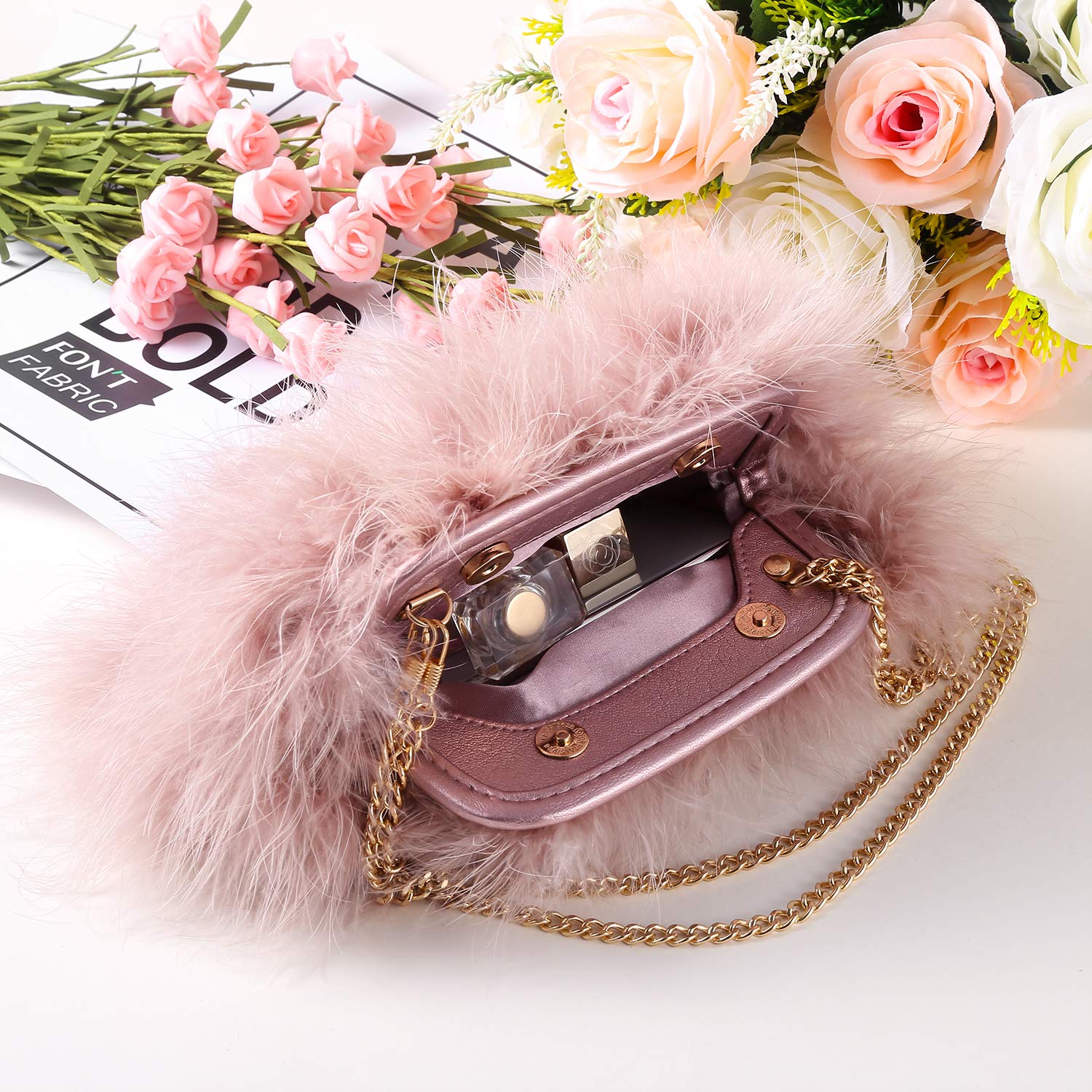 expouch Women Marabou Feather Clutch Bag Evening Handbag with Detachable Chain Strap Wedding Cocktail Party Bag (Nude)