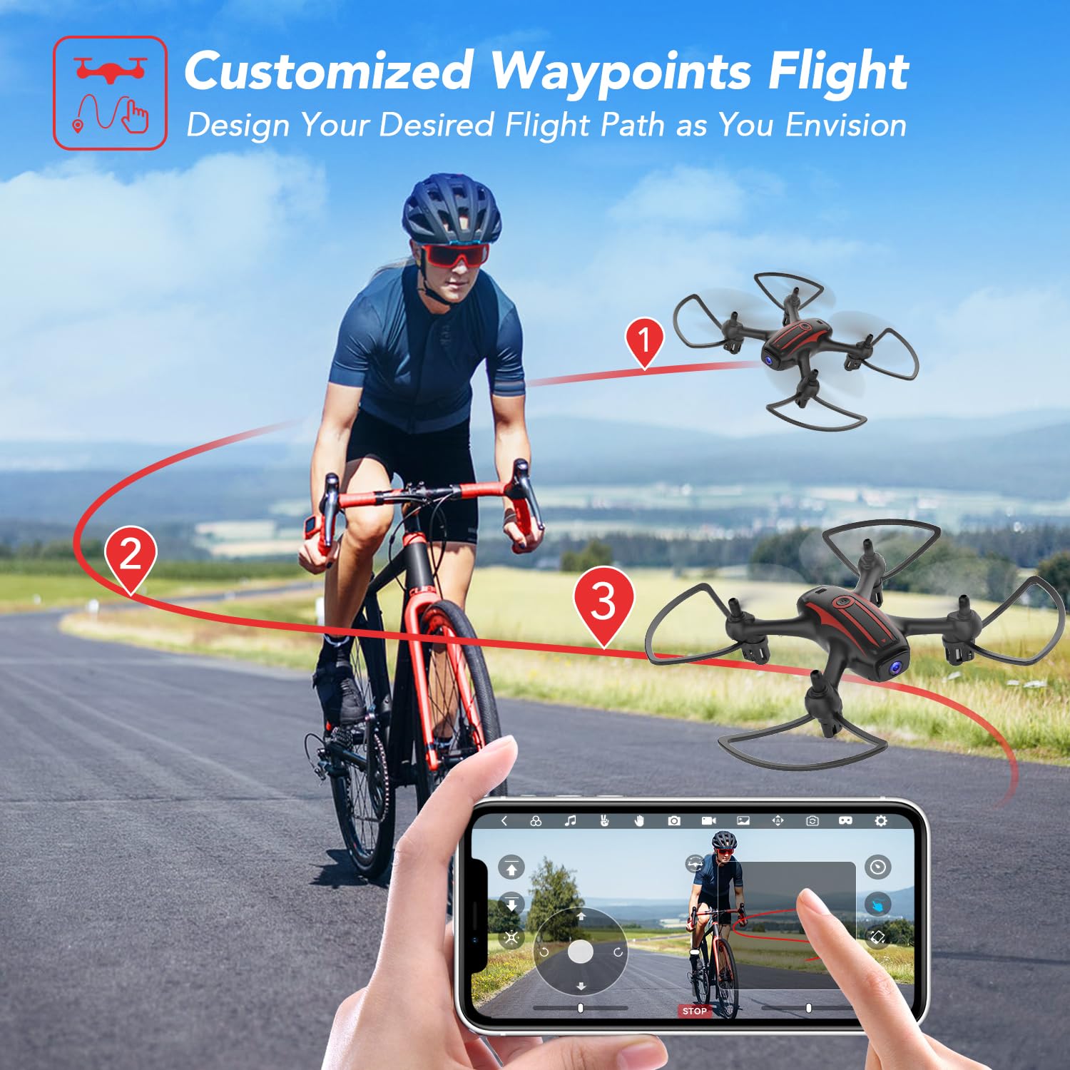 Elukiko Drone with Camera for Adults Kids, 1080P HD FPV WIFI Mini Drones, RC Quadcopter Helicopter with 2 Batteries, Throw to Go, High-Speed Rotation, 3D Flips, Waypoints Fly, Gravity Control, Gesture
