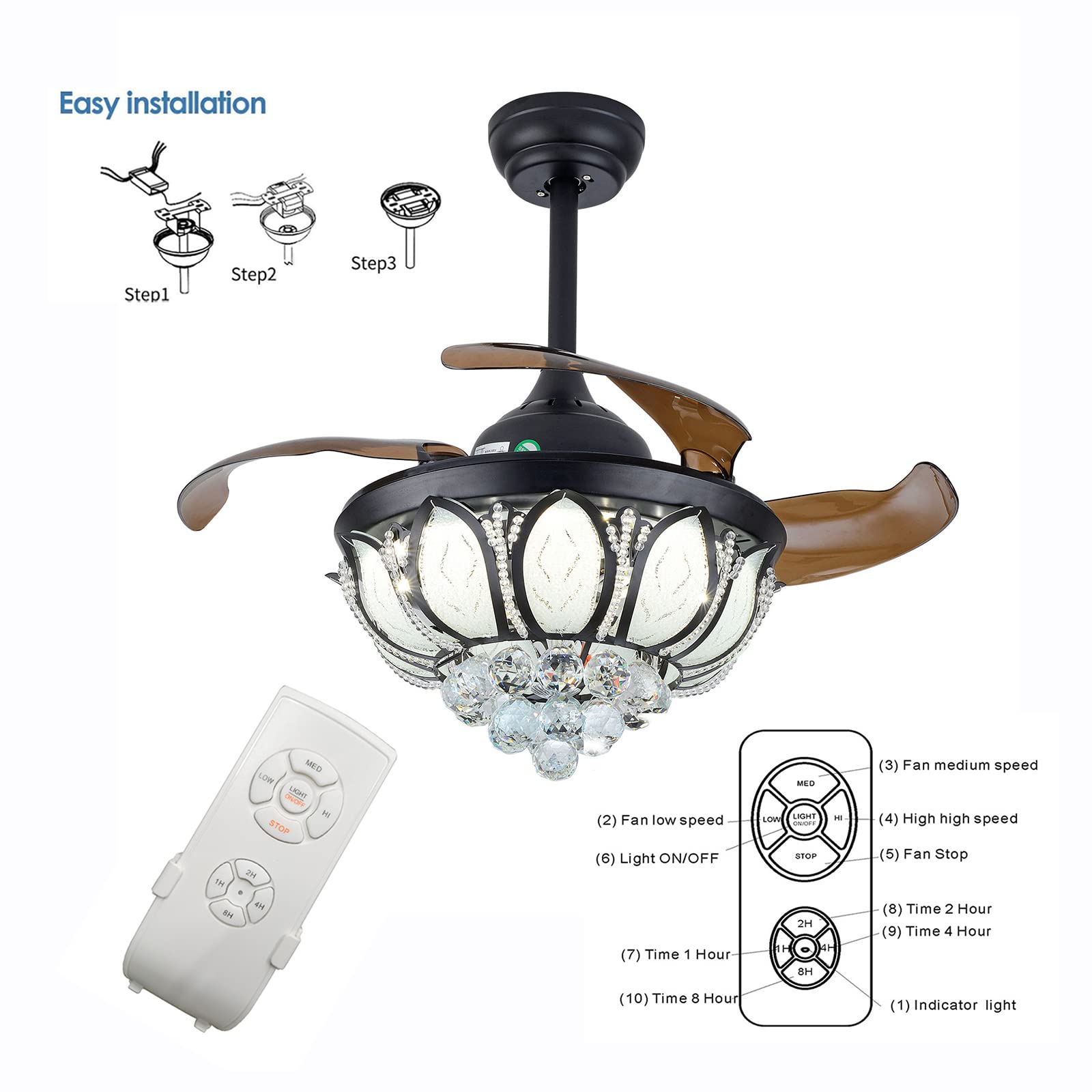 DYRABREST Invisible Ceiling Fan with Retractable Blades and Remote Control 36inch Ceiling Fan Light Covers Crystal Chandelier Fan Light Bladeless Ceiling Fan for Livingroom Bedroom Home (36 inch)